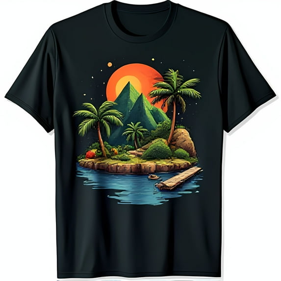 Vibrant Tropical Paradise Graphic on Black T-Shirt Rustic Dock & Trees ...