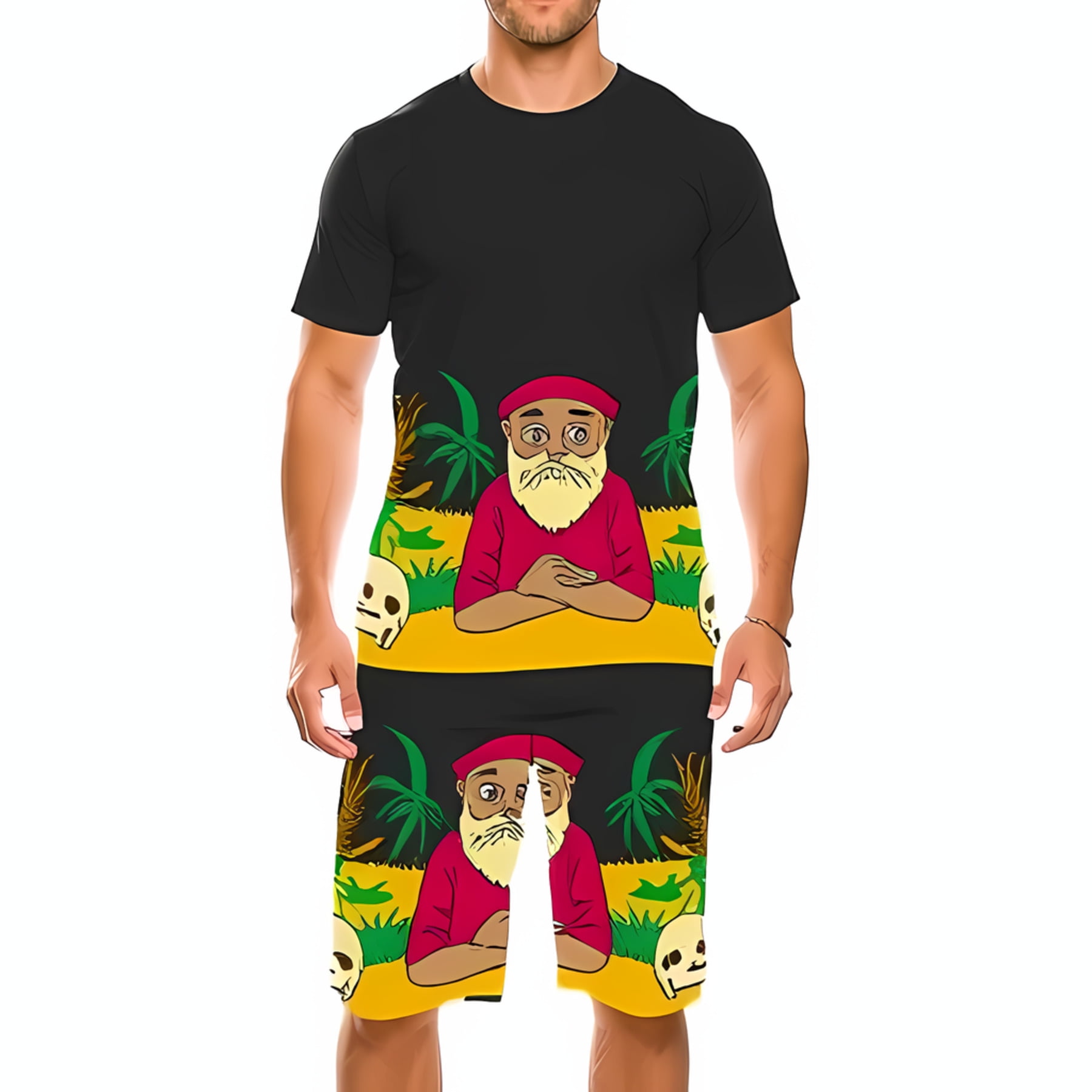 Vibrant Tropical Print T-Shirt and Shorts Set Featuring Whimsical Shaman Illustration and Bold ...