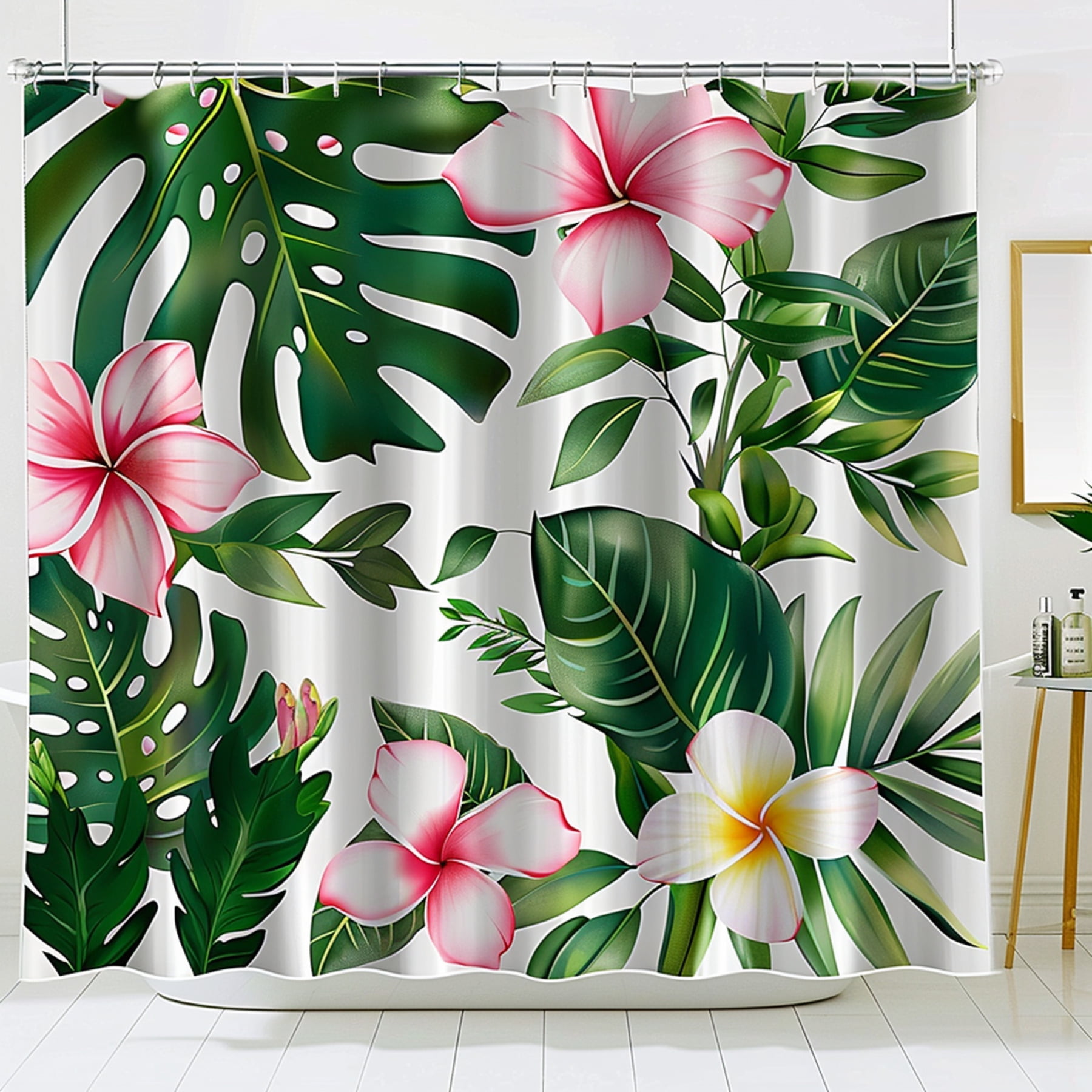Vibrant Tropical Rainforest Shower Curtain With Pink Plumeria Flowers