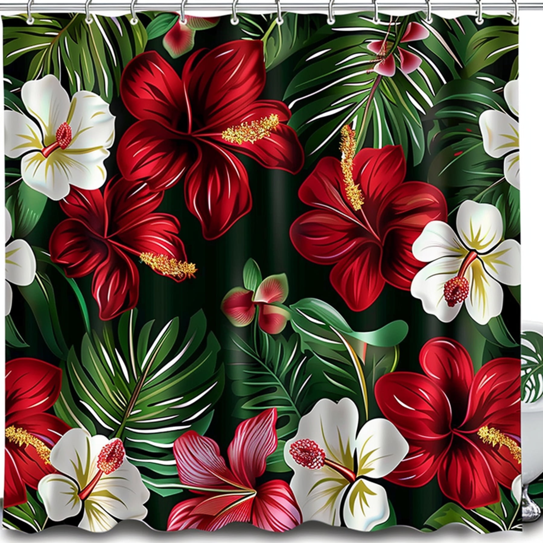 Vibrant Tropical Rainforest Shower Curtain With Red And White Flowers