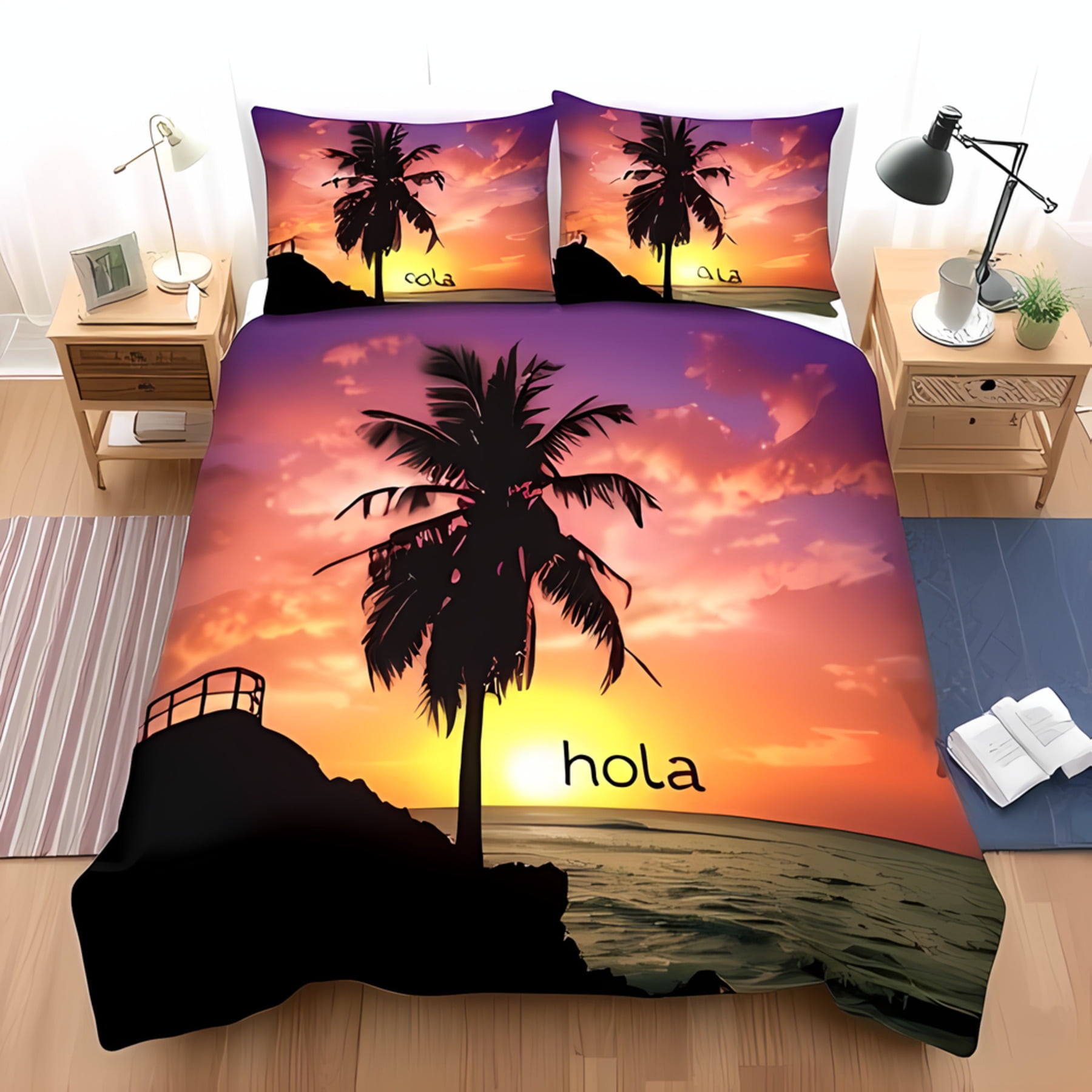 Vibrant Tropical Sunset 3-Piece Duvet Cover Set with Tree Silhouettes ...