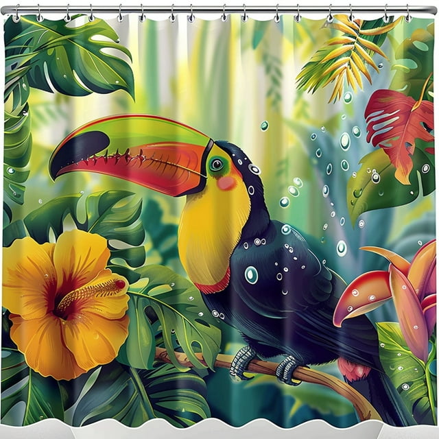 Vibrant Tropical Toucan Shower Curtain Rainforest Paradise Design With