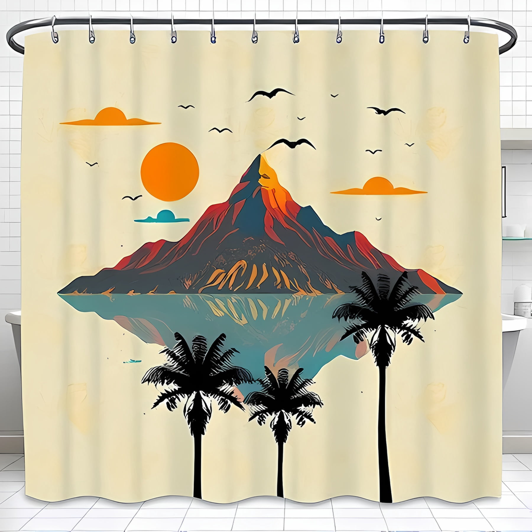 Vibrant Tropical Volcano Island Shower Curtain - Mid-Century Modern ...