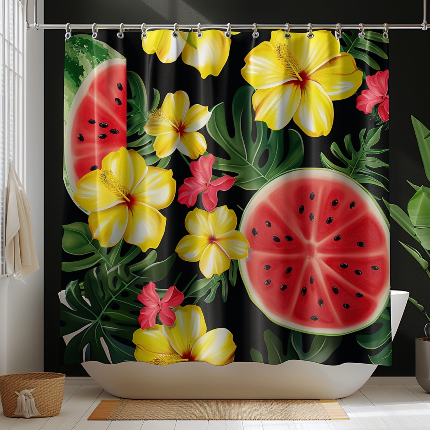 Vibrant Tropical Watermelon & Hibiscus Shower Curtain Modern Bathroom ...
