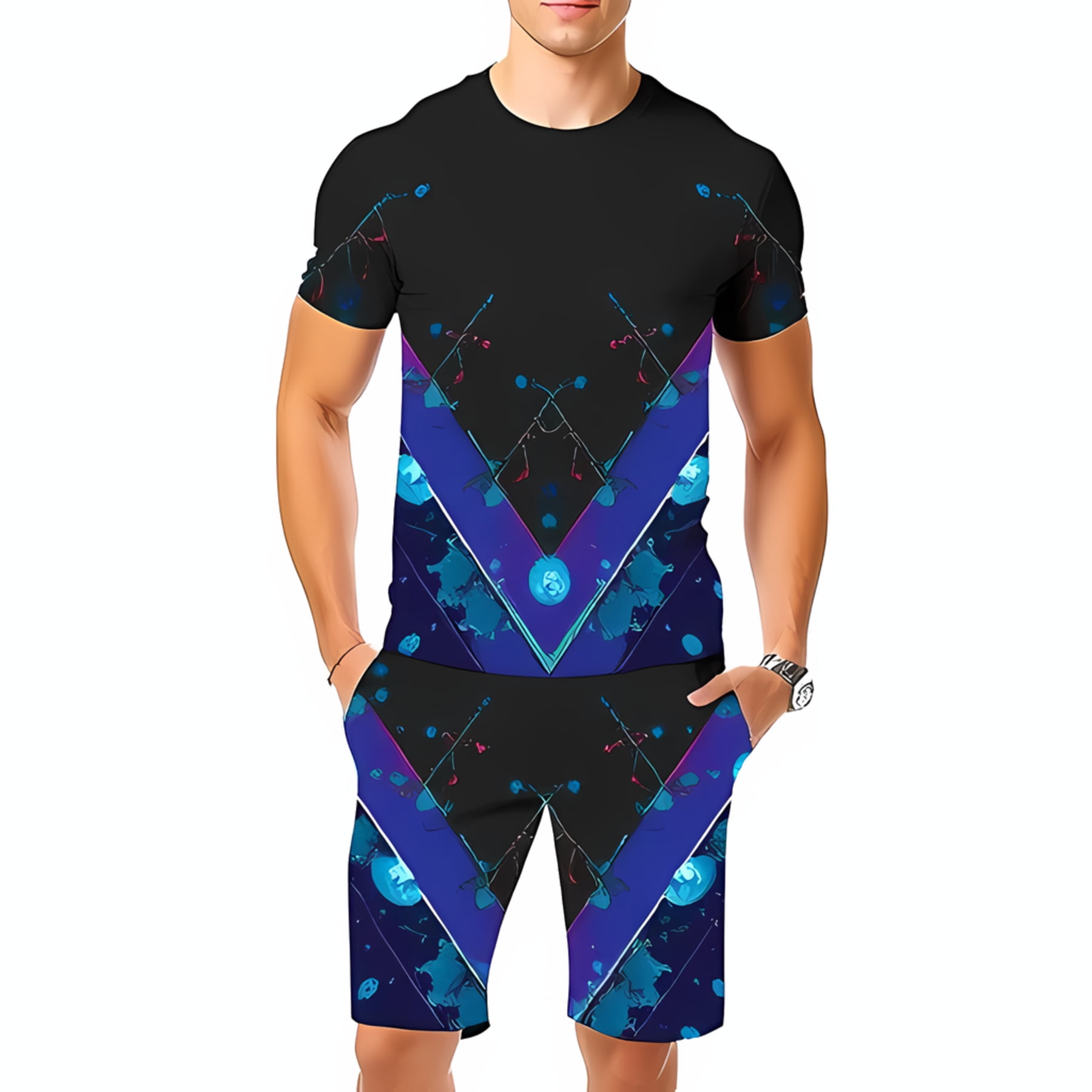 Vibrant Two-Piece T-Shirt and Shorts Set with Bold Blue Geometric ...