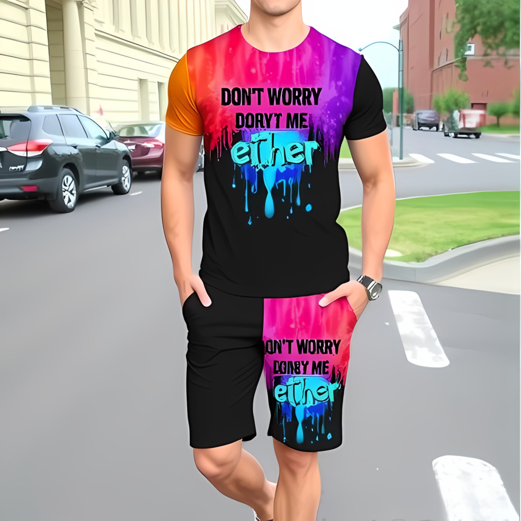 Vibrant Two-Piece T-Shirt and Shorts Set with Bold Dripping Paint ...