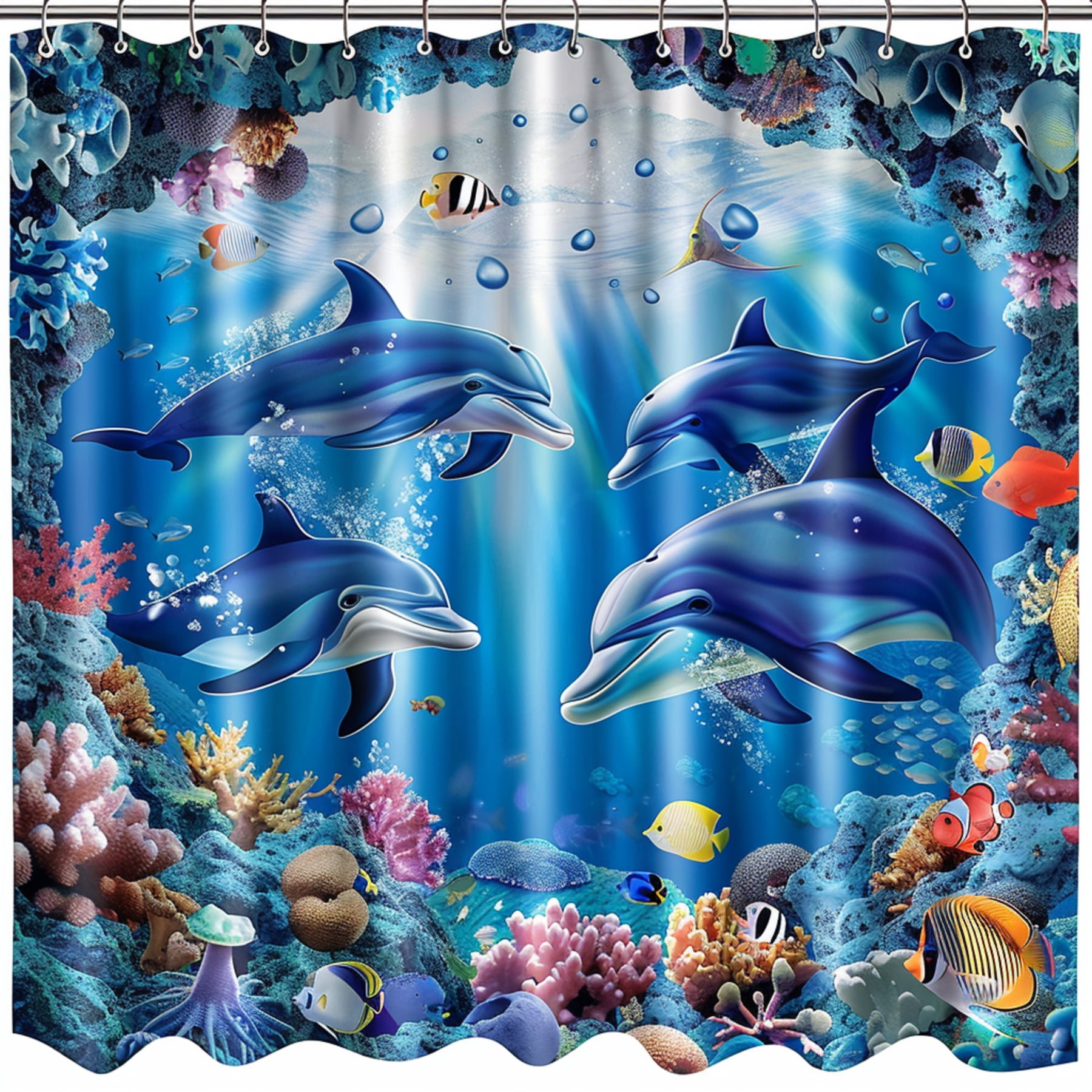 Vibrant Underwater Paradise Shower Curtain Set Dolphins Coral Reefs And
