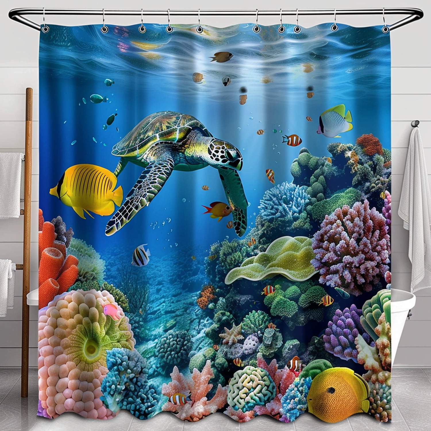 Vibrant Underwater Scene Fabric Shower Curtain With Sea Turtle Coral