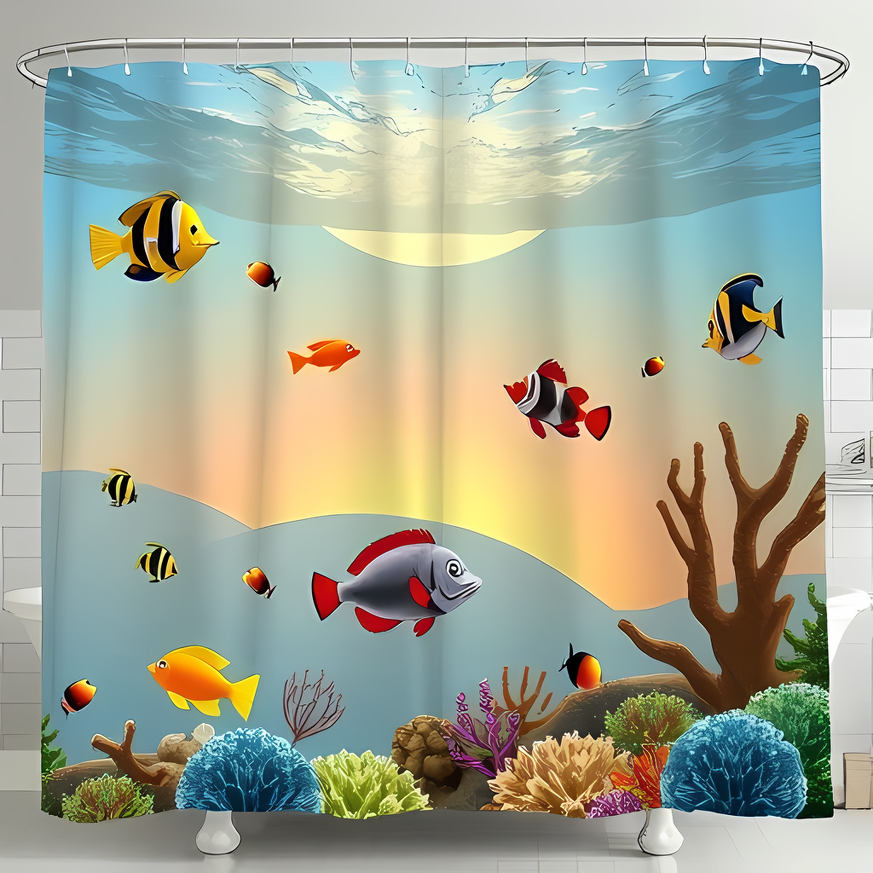 Vibrant Underwater Scene Shower Curtain - Colorful Fish & Coral Reef ...