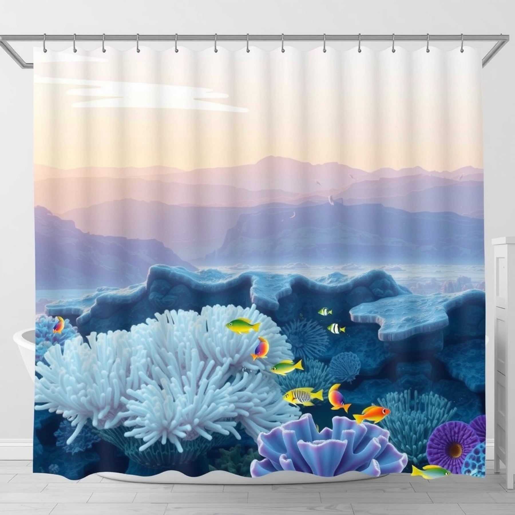Vibrant Underwater Scene Shower Curtain - Coral Reefs & Sunrise Ocean ...
