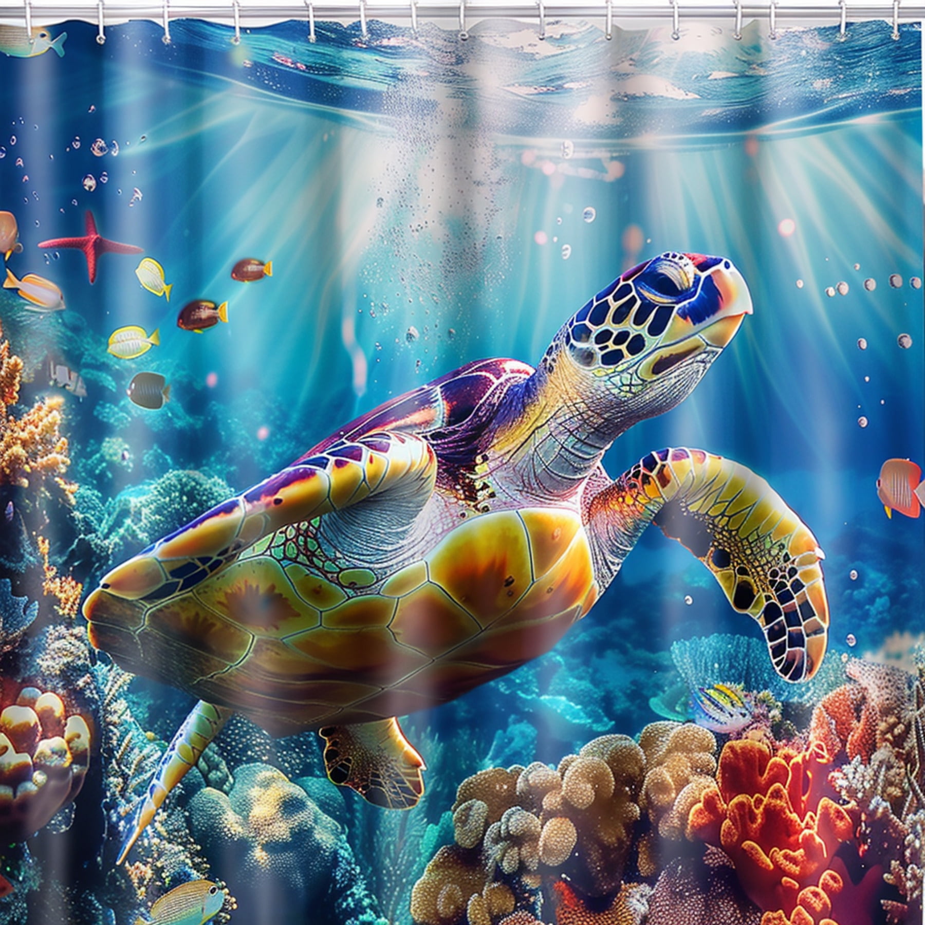 Vibrant Underwater Sea Turtle Shower Curtain Bright Ocean Theme Design