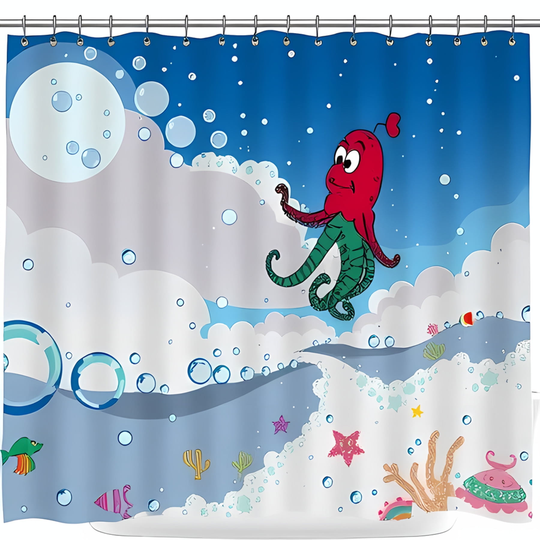 Vibrant Underwater Shower Curtain with Cheerful Red Octopus Colorful Sea Creatures & Bubbles ...