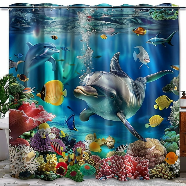 Vibrant Underwater World Shower Curtain Dolphin And Coral Reef Design