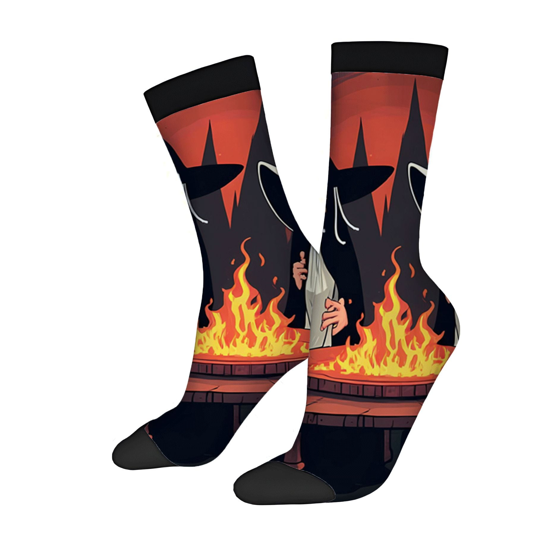 Vibrant Unisex Trendy Socks - 2 Pairs with Fiery Scene Design Black Hat ...