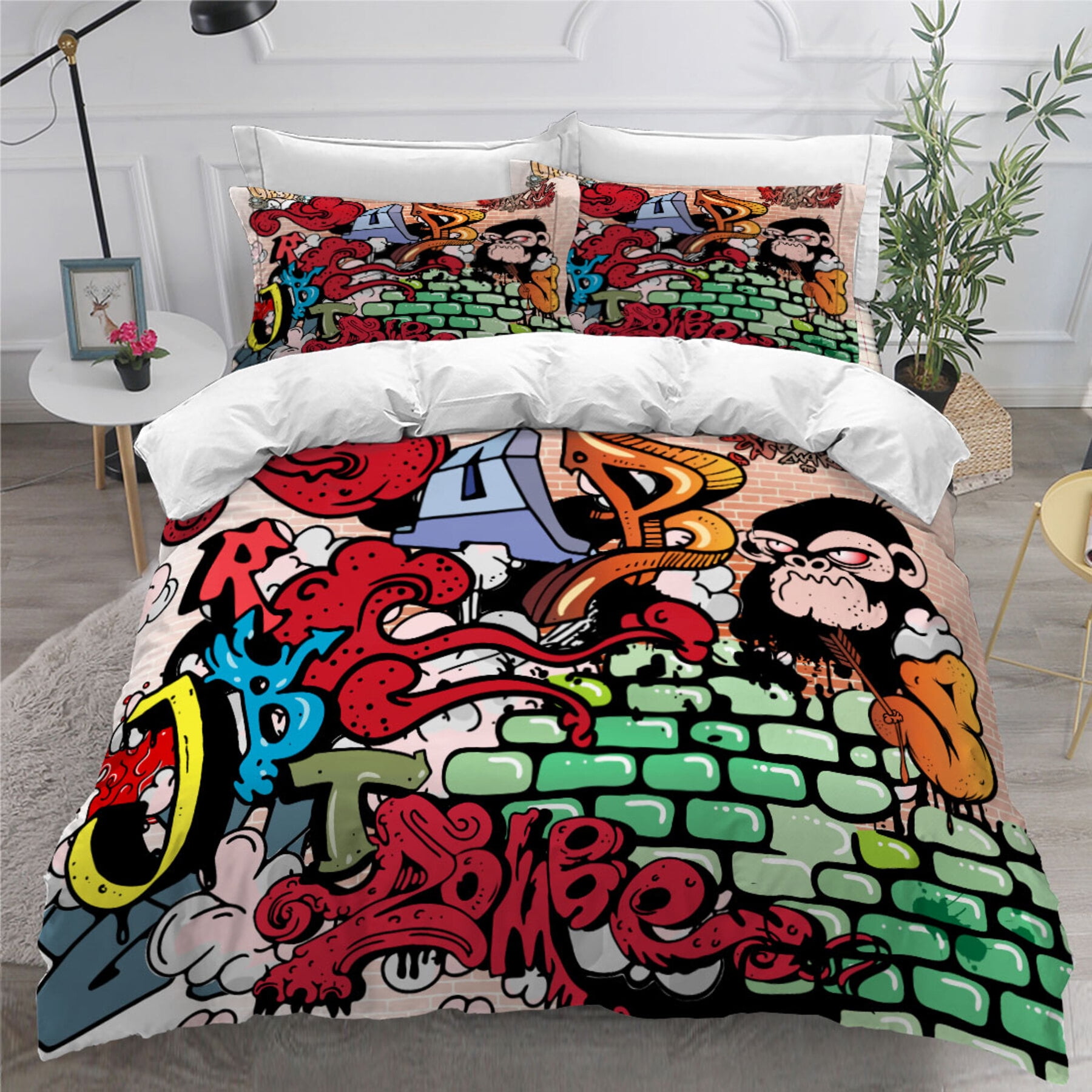 Vibrant Urban Graffiti Duvet Cover & Pillowcase Set Playful Cartoon ...