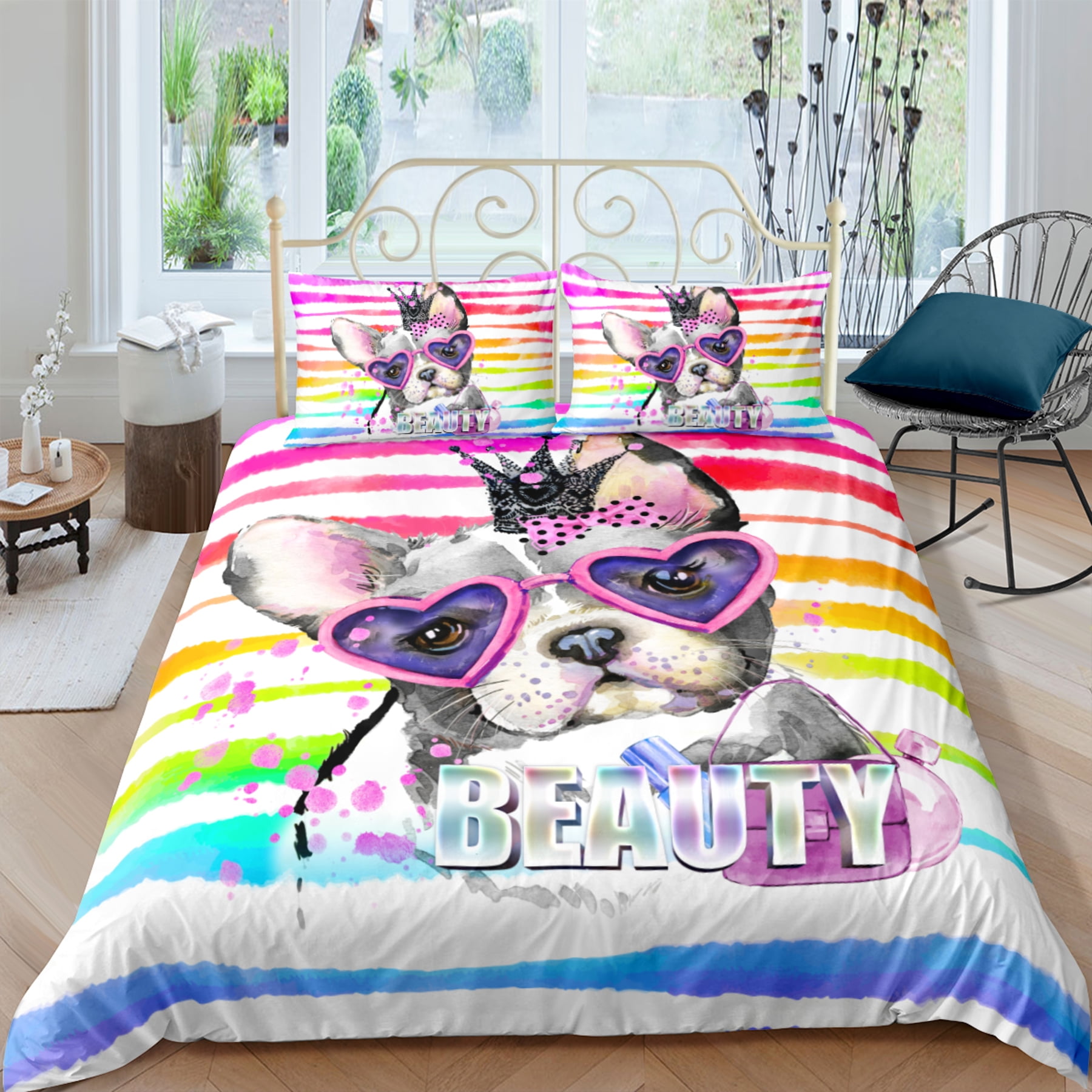 Vibrant Watercolor Bedding Set with Crown & Sunglasses Fun Rainbow ...