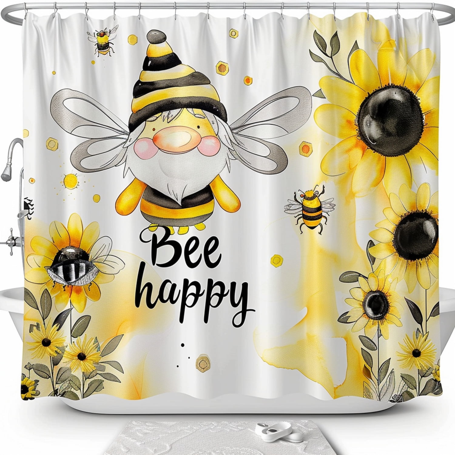 Vibrant Watercolor Bee Happy Bathroom Decor Set with Sunflowers and ...