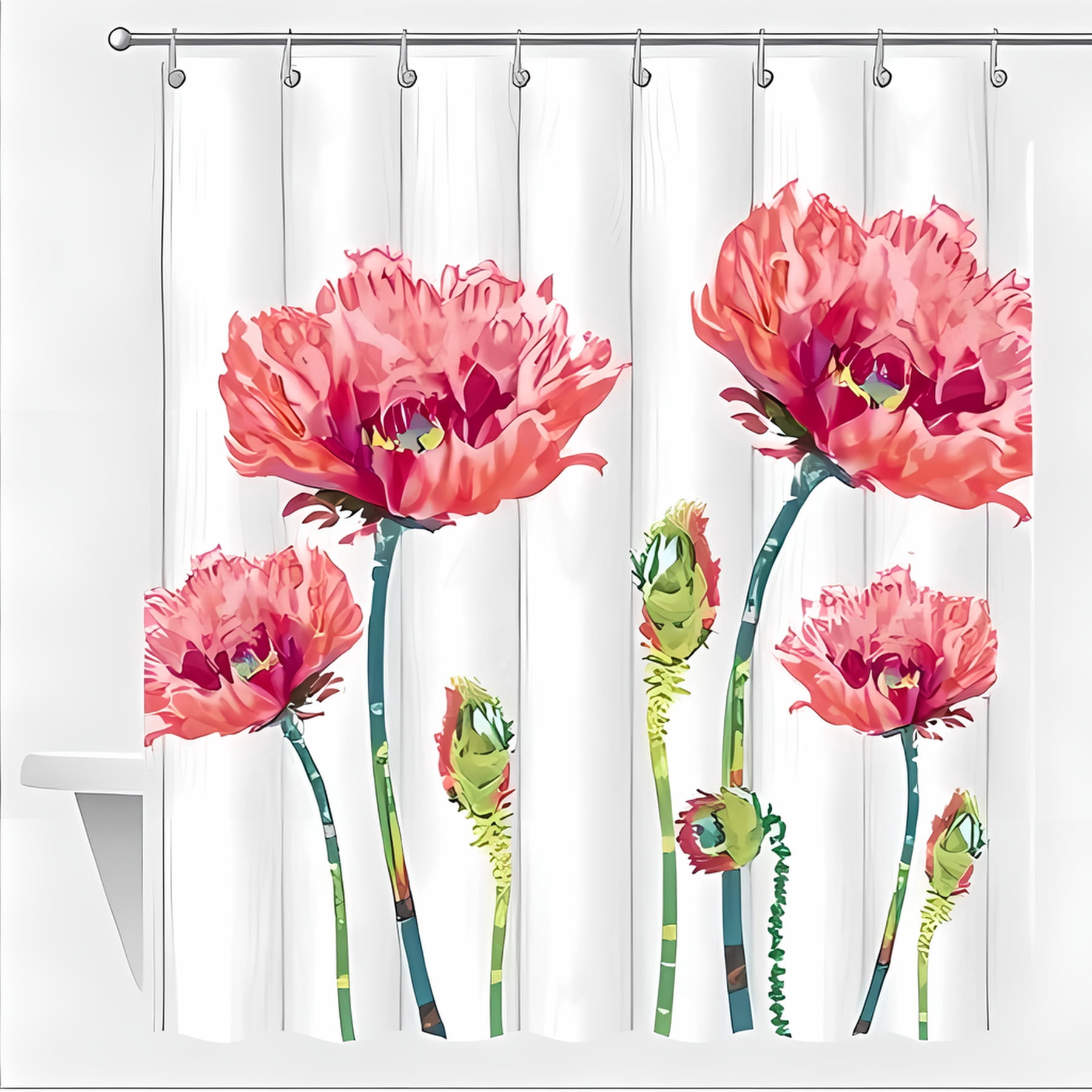 Vibrant Watercolor Floral Shower Curtain - Bold Coral-Pink on White ...