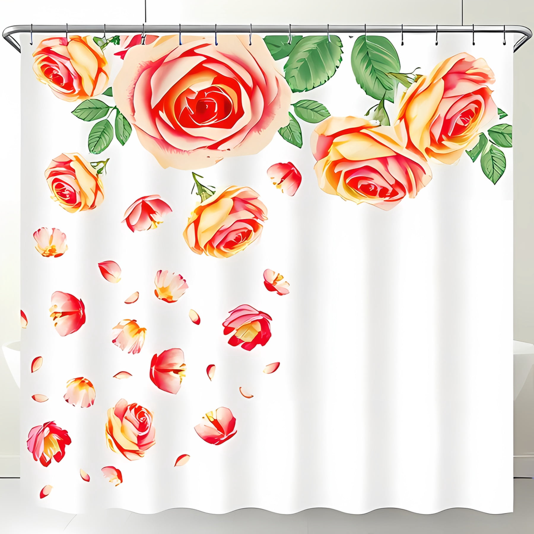 Vibrant Watercolor Floral Shower Curtain - Elegant Peach & Red Roses on ...