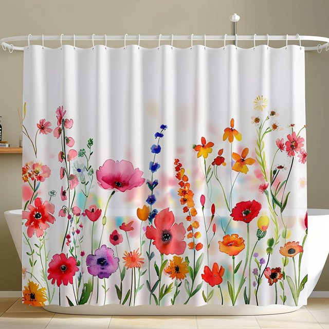 Vibrant Watercolor Floral Shower Curtain Poppies Daisies And