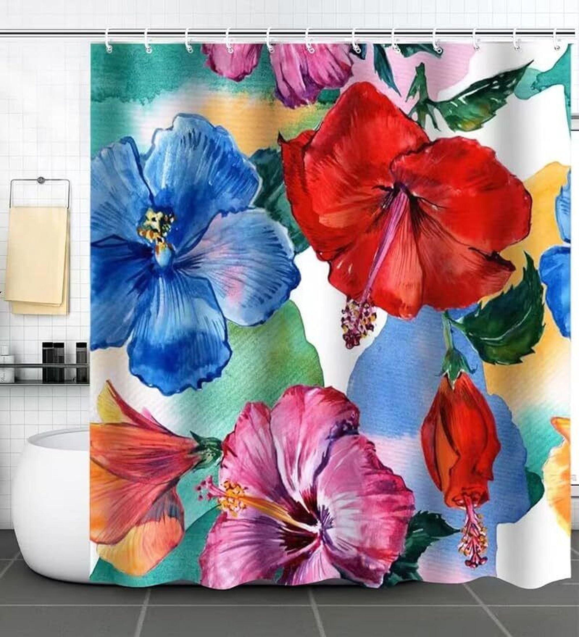 Vibrant Watercolor Floral Shower Curtain Set With 12 Hooks Brighten