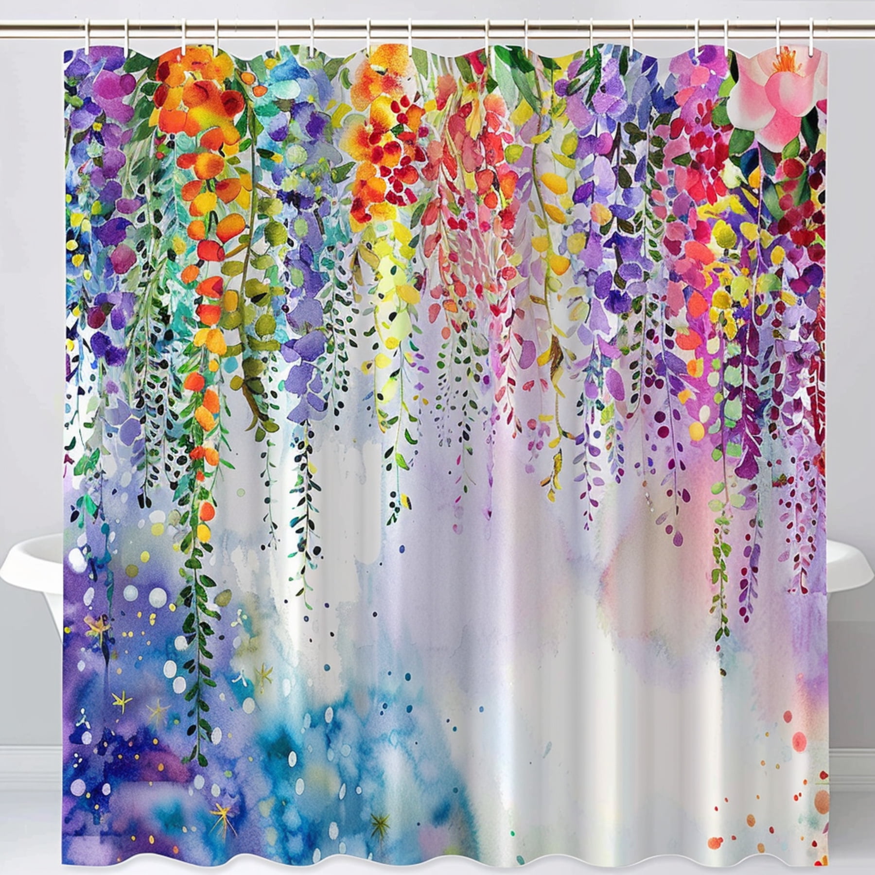 Vibrant Watercolor Floral Shower Curtain With Hanging Willow Tree Burst