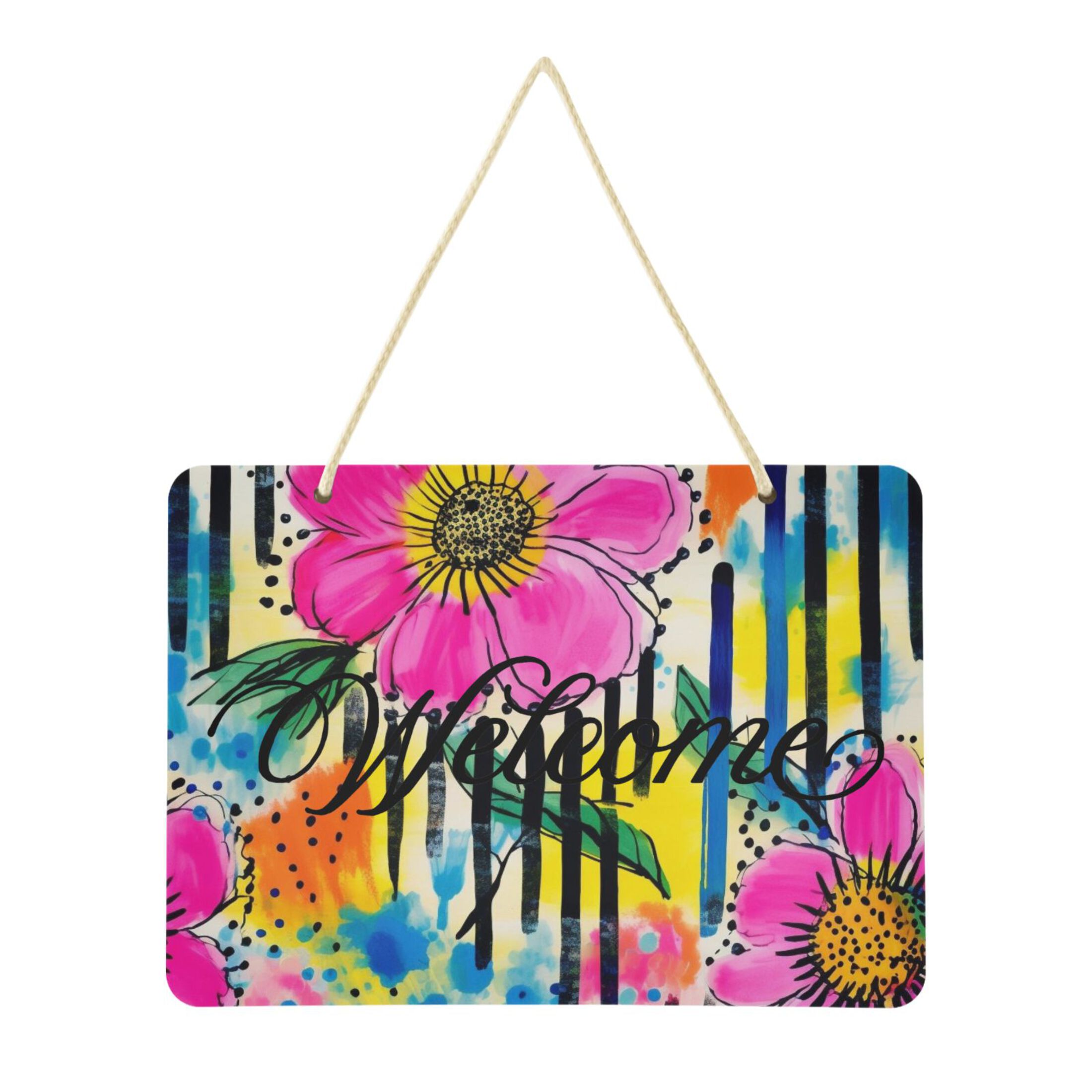 Vibrant Watercolor Flower Welcome Sign Front Door PVC 14x10 inch Hanger ...
