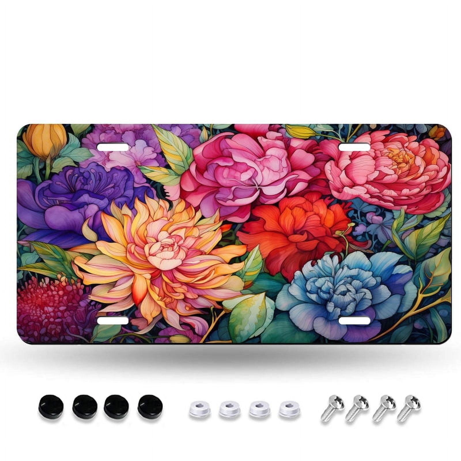 Vibrant Watercolor Painting of Array of Blooming Flowers License Plate ...