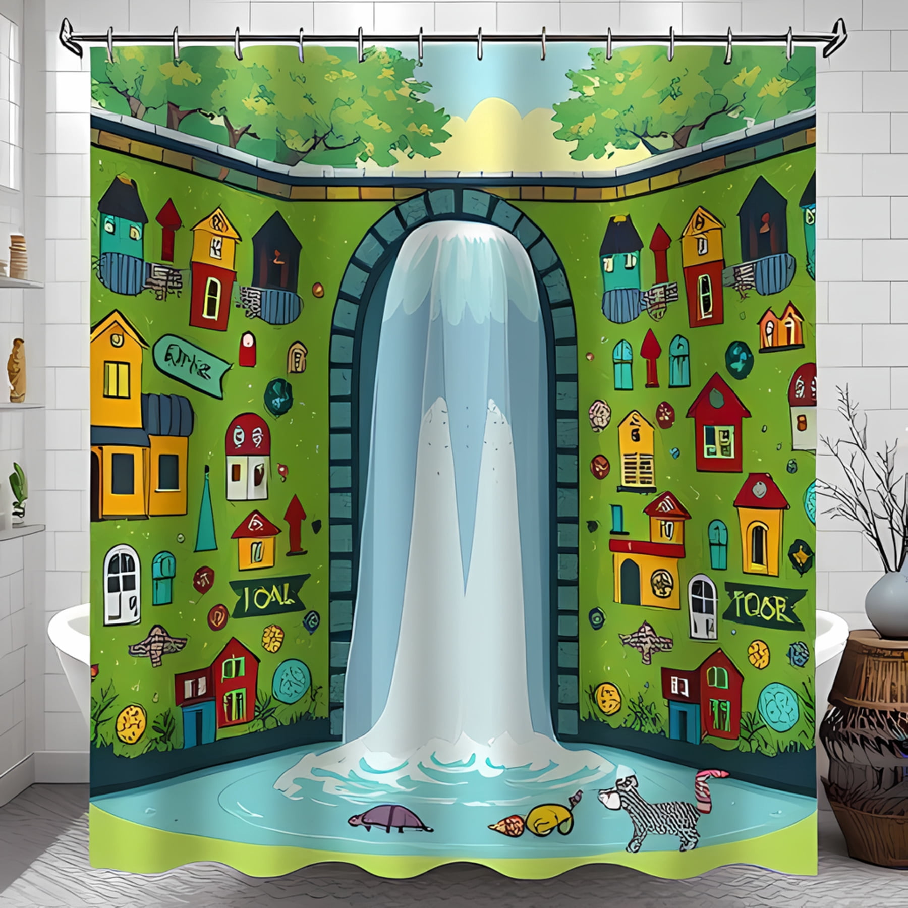 Vibrant Waterfall Shower Curtain - Whimsical Design with Colorful ...