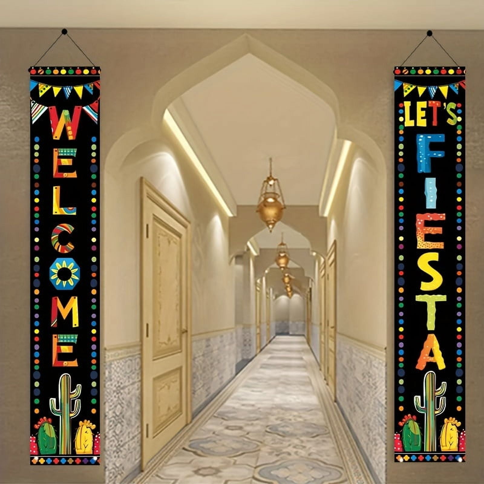 Vibrant 'Welcome Let's Fiesta' Porch Banners with Cacti & Serape Design ...