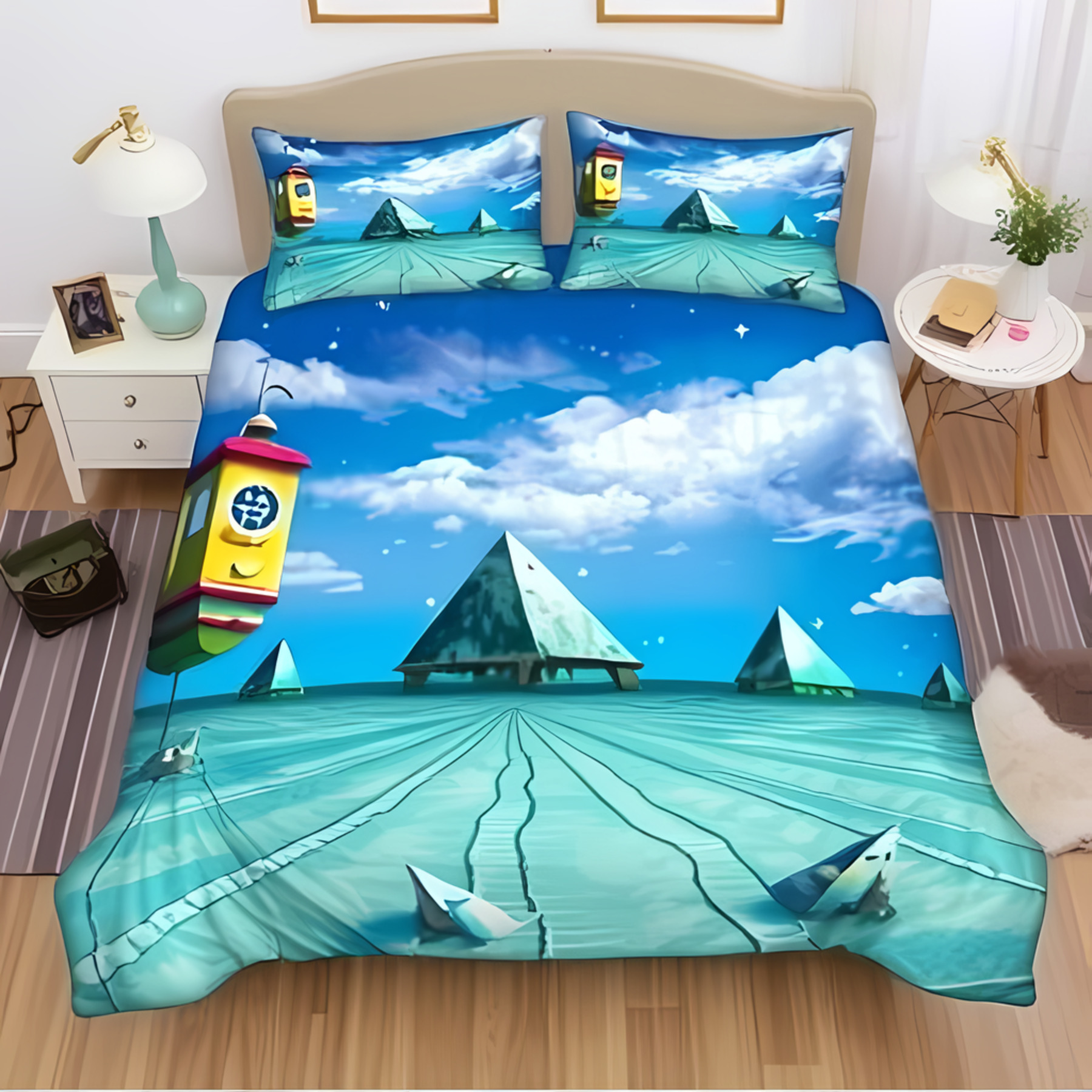 Vibrant Whimsical Landscape Bedding Set Pyramids Sailboats & Clock ...