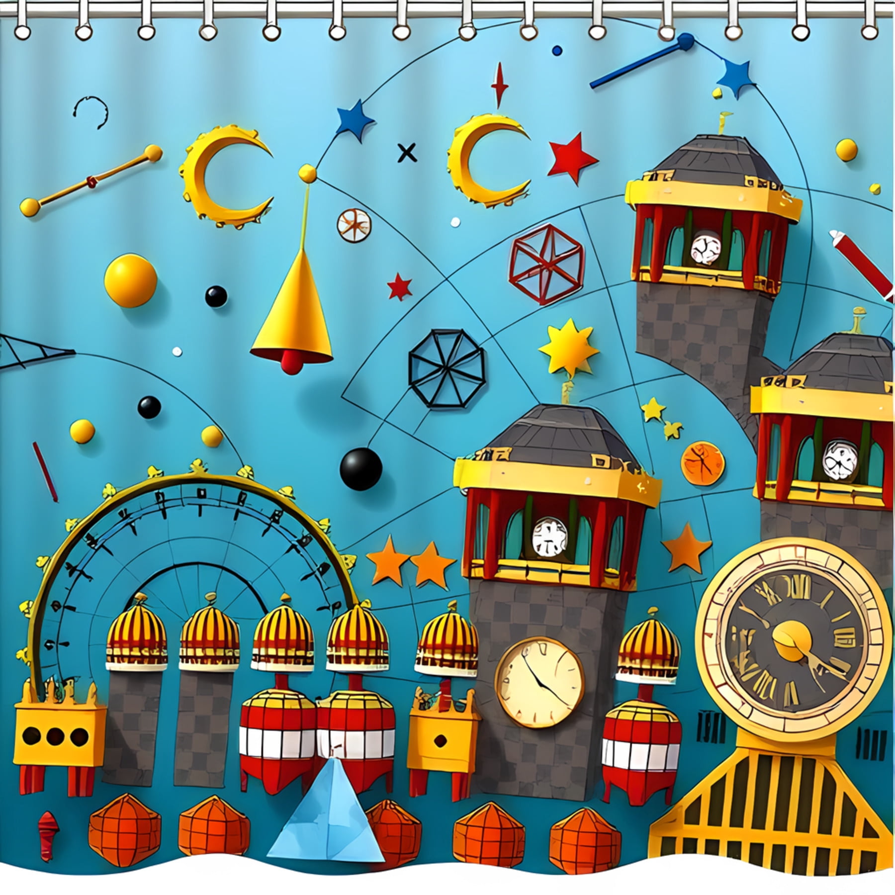 Vibrant Whimsical Shower Curtain with Clock Towers Stars Moons & Ferris ...