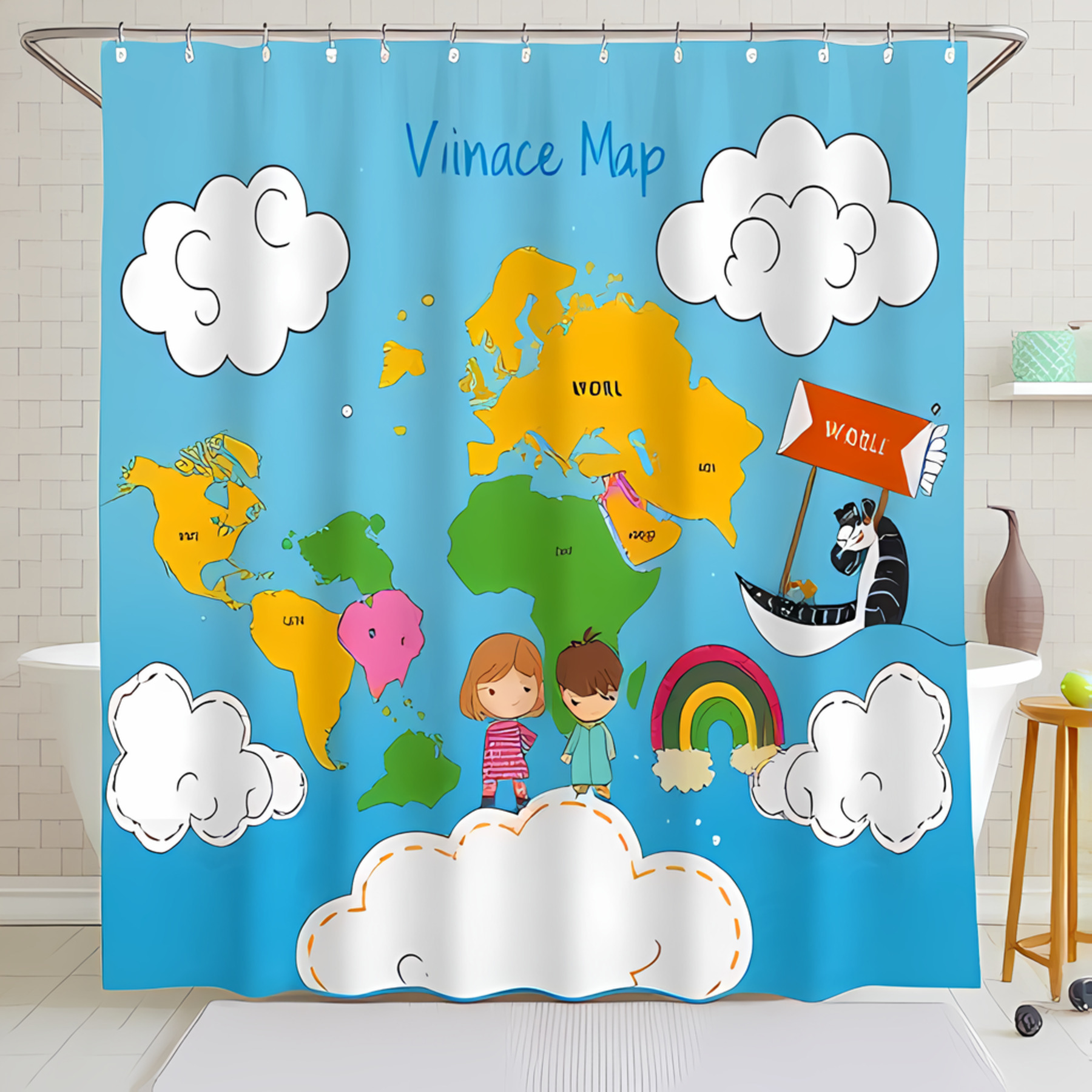 Vibrant Whimsical World Map Shower Curtain with Cartoon Characters ...
