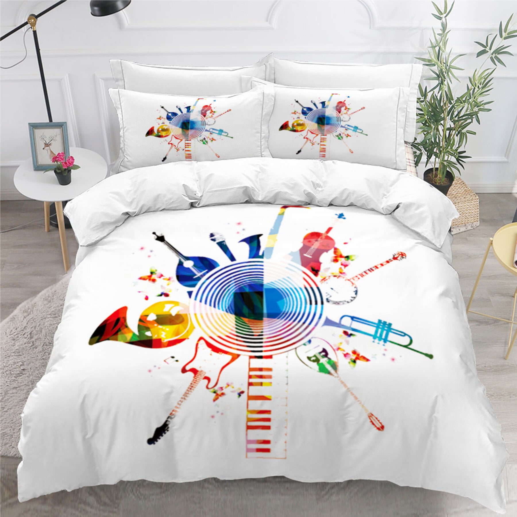 Vibrant White Bedding Set with Colorful Musical Instruments & Record ...