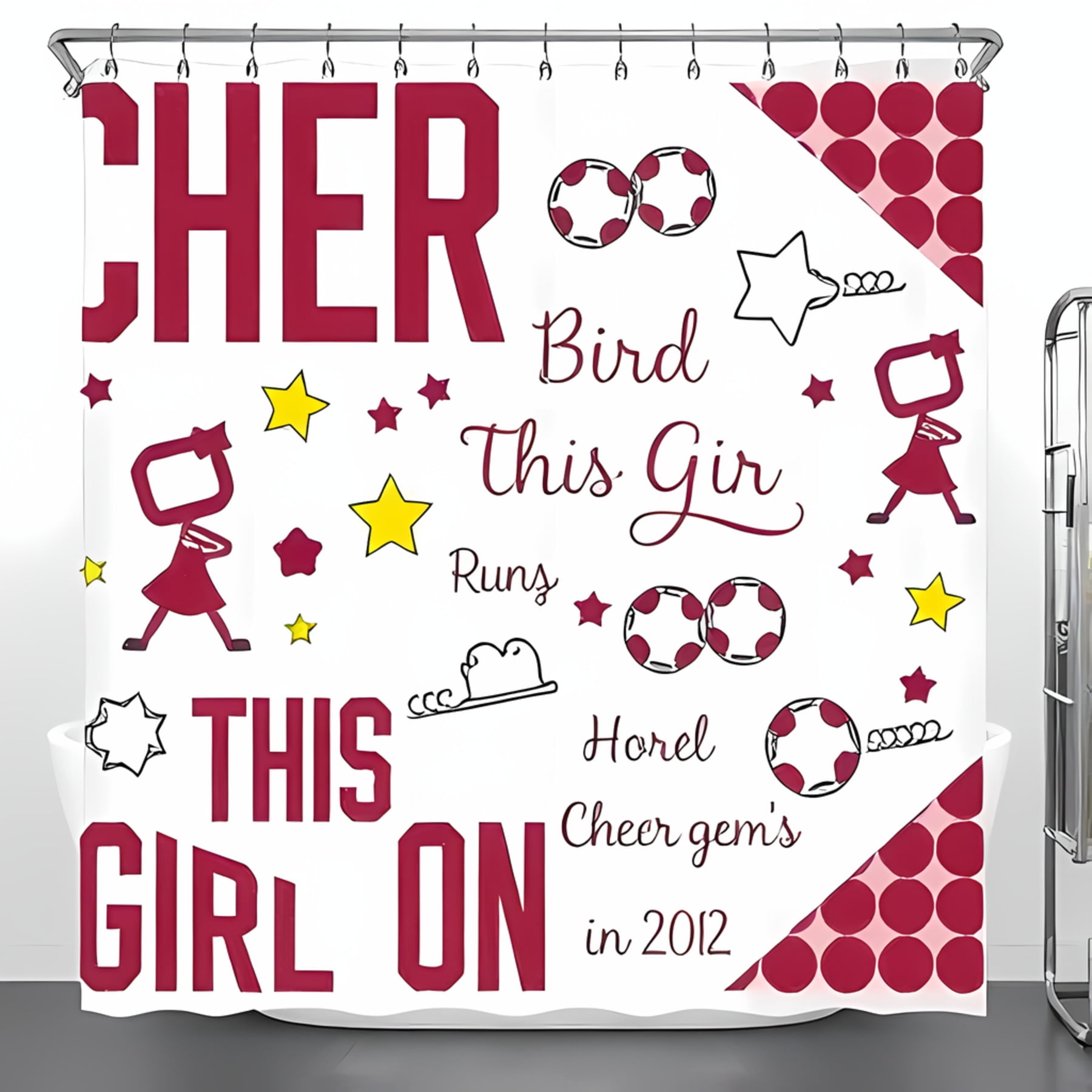 Vibrant White Shower Curtain with Bold Crimson Text & Cheerleading ...