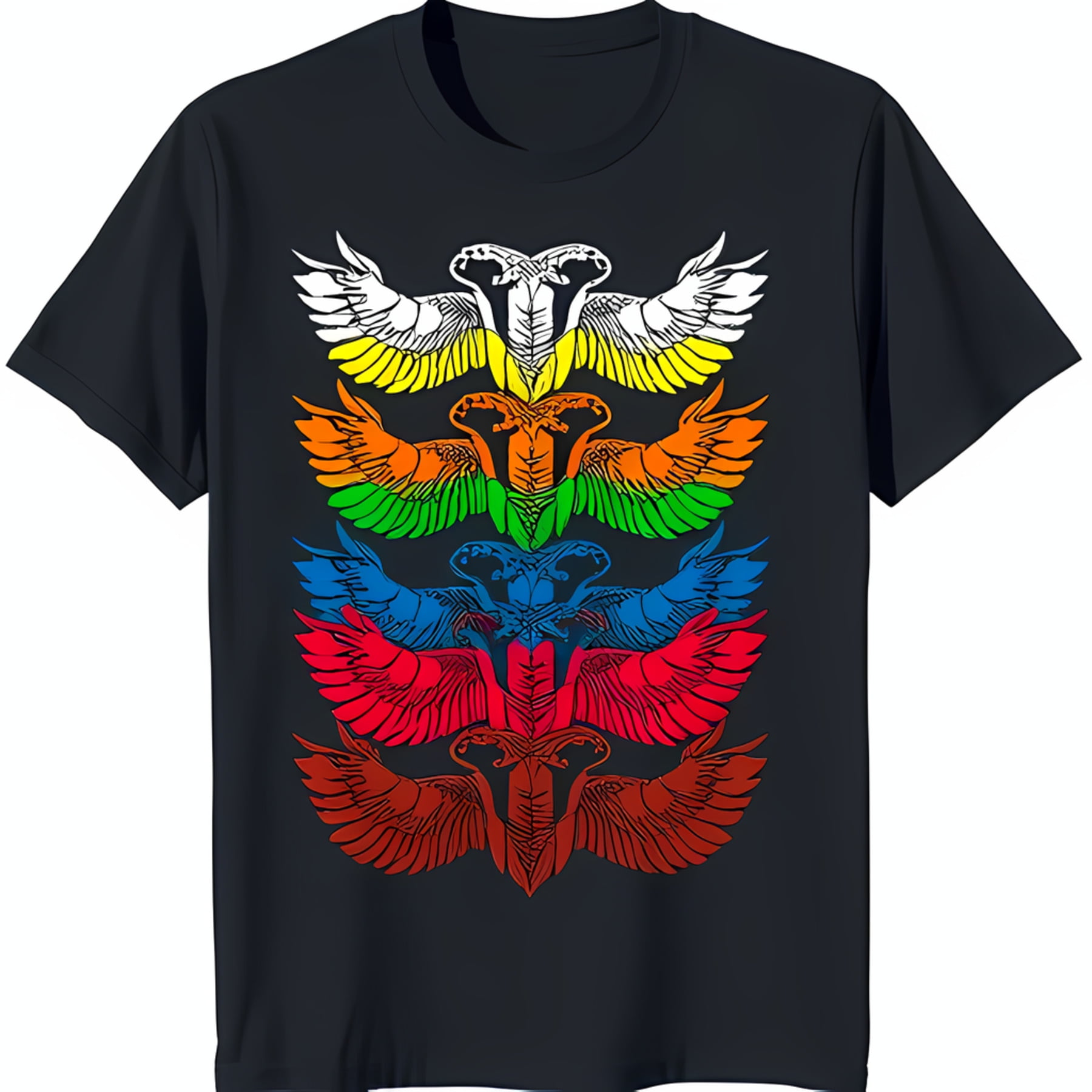 Vibrant Winged Graphic Black T-Shirt Colorful Design with Symmetrical ...