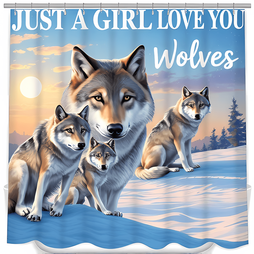 Vibrant Wolves Shower Curtain - Majestic Gray Wolf in Snowy Landscape with Moon & Trees - "JUST ...