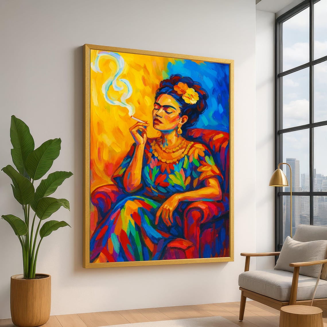 Vibrant Woman Smoking Cigarette, Colorful Abstract Portrait Canvas ...