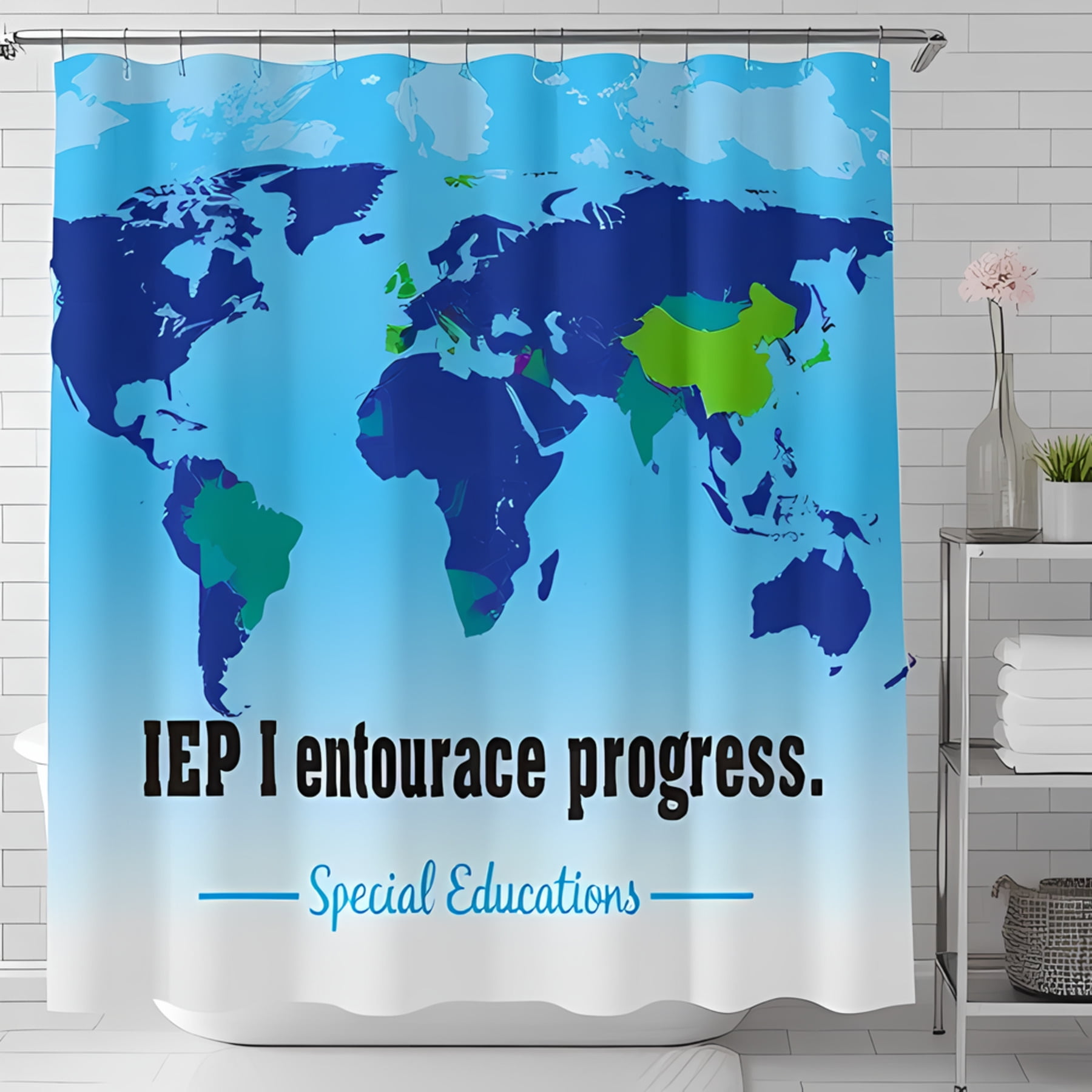 Vibrant World Map Shower Curtain - Cheerful Blue & Green Design with ...