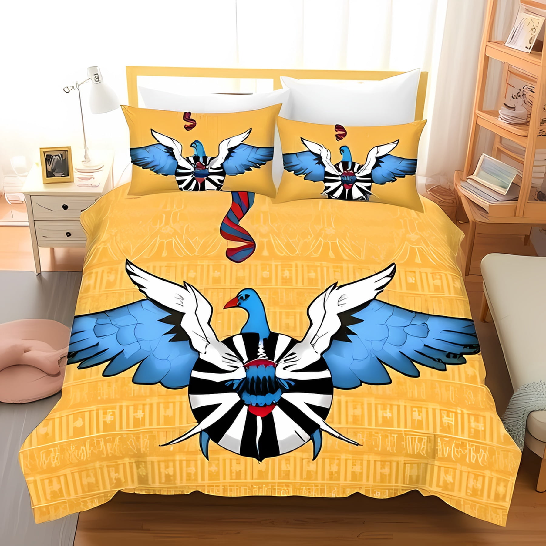 Vibrant Yellow 3-Piece Bedding Set with Blue Bird Design - Duvet Cover ...