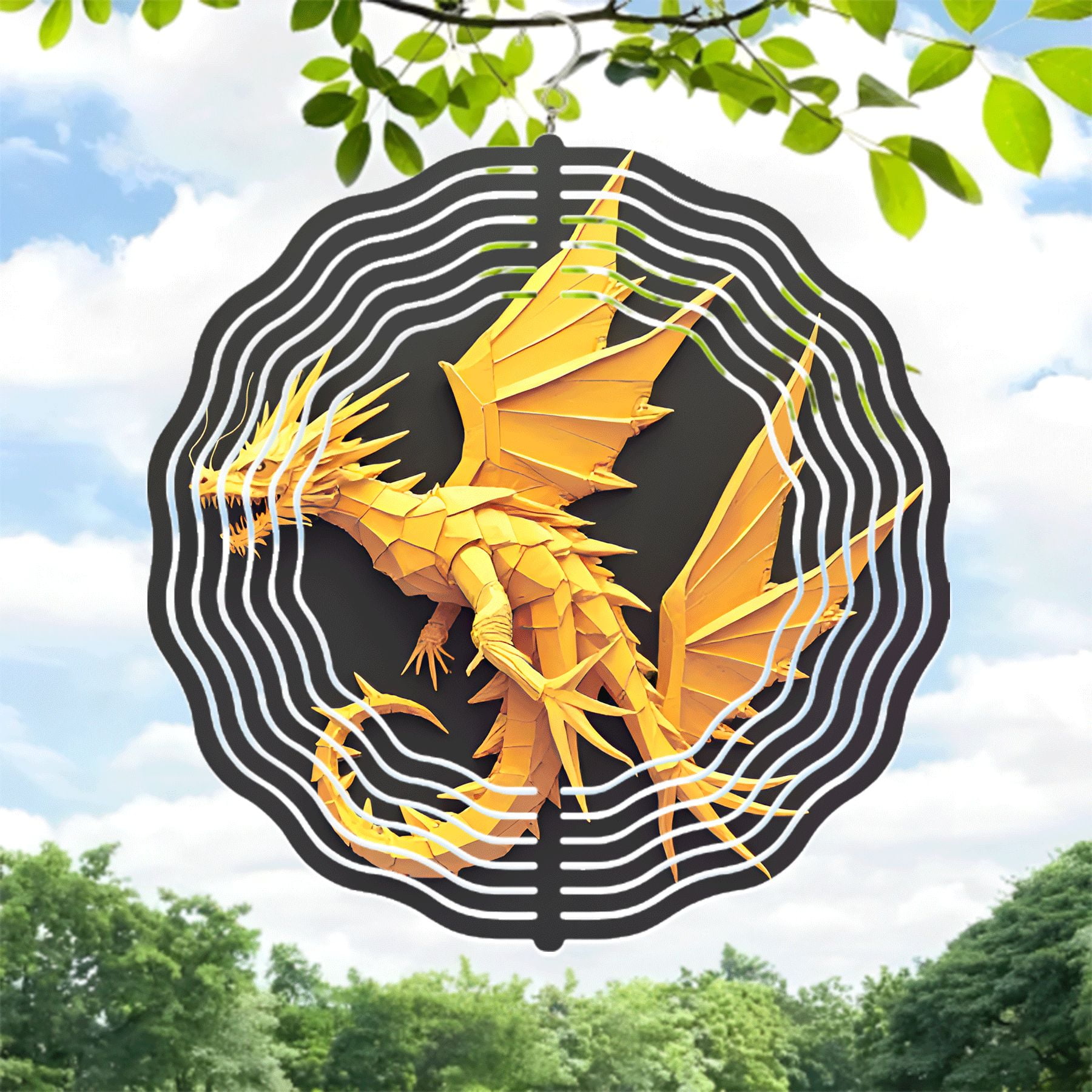 Vibrant Yellow Dragon Metal Wind Spinner - Intricate Origami Design ...