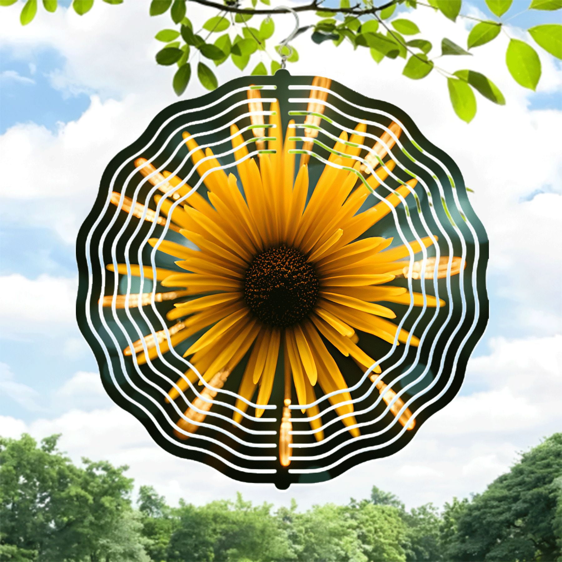 Vibrant Yellow Flower Metal Hanging Wind Spinner with Radial White ...