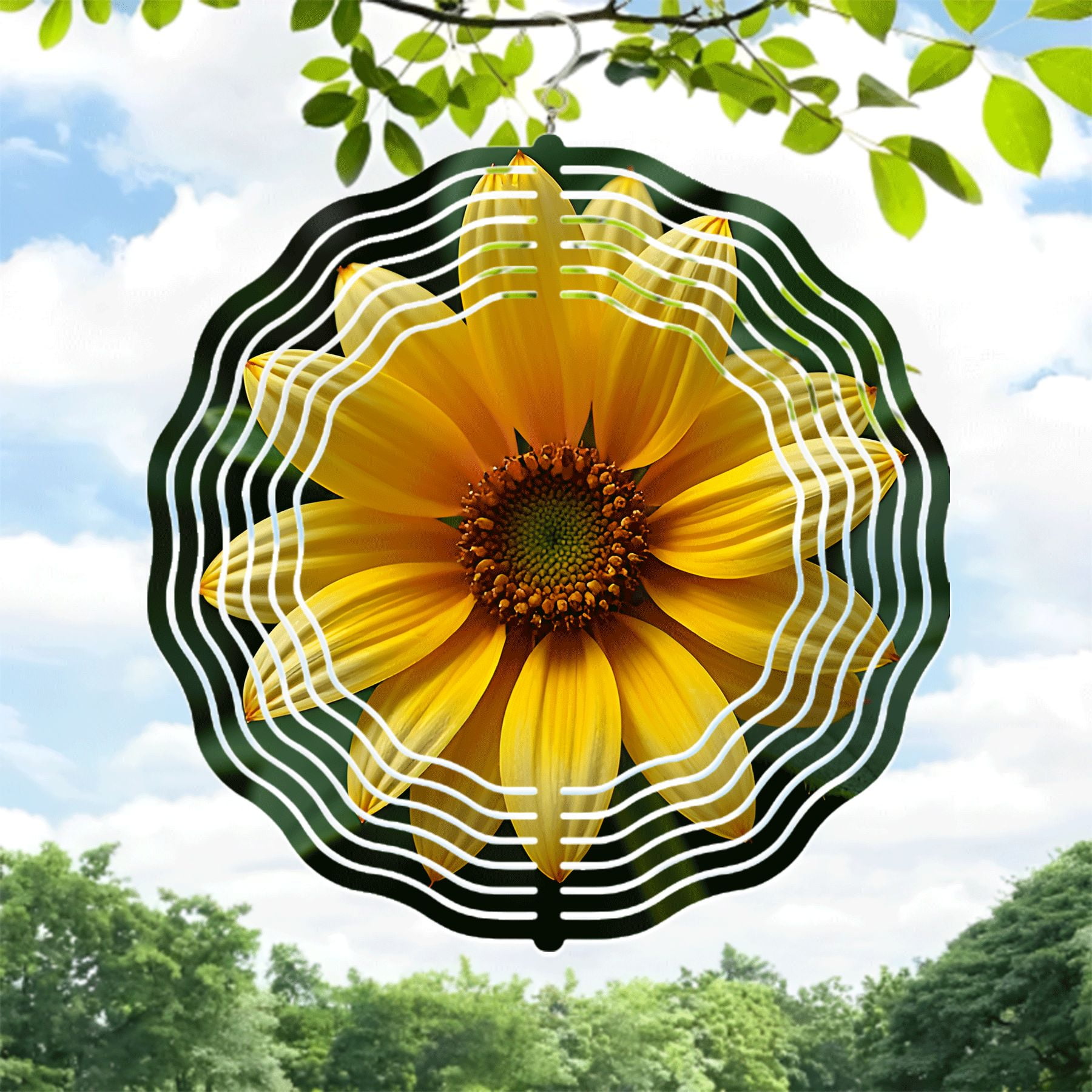 Vibrant Yellow Flower Metal Hanging Wind Spinner with Textured Center ...