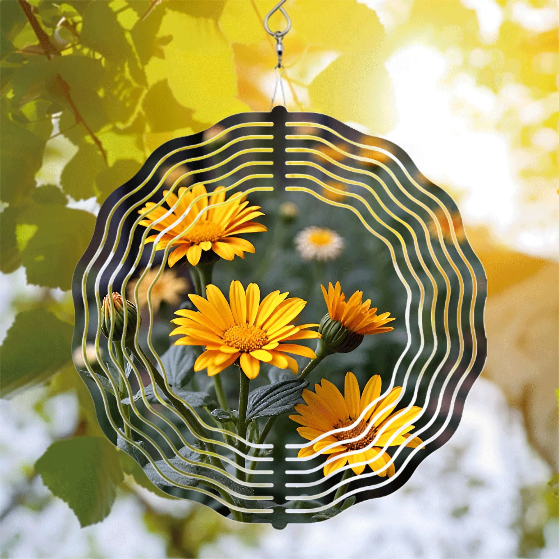 Vibrant Yellow Flower Metal Hanging Wind Spinner with White Wave Design ...
