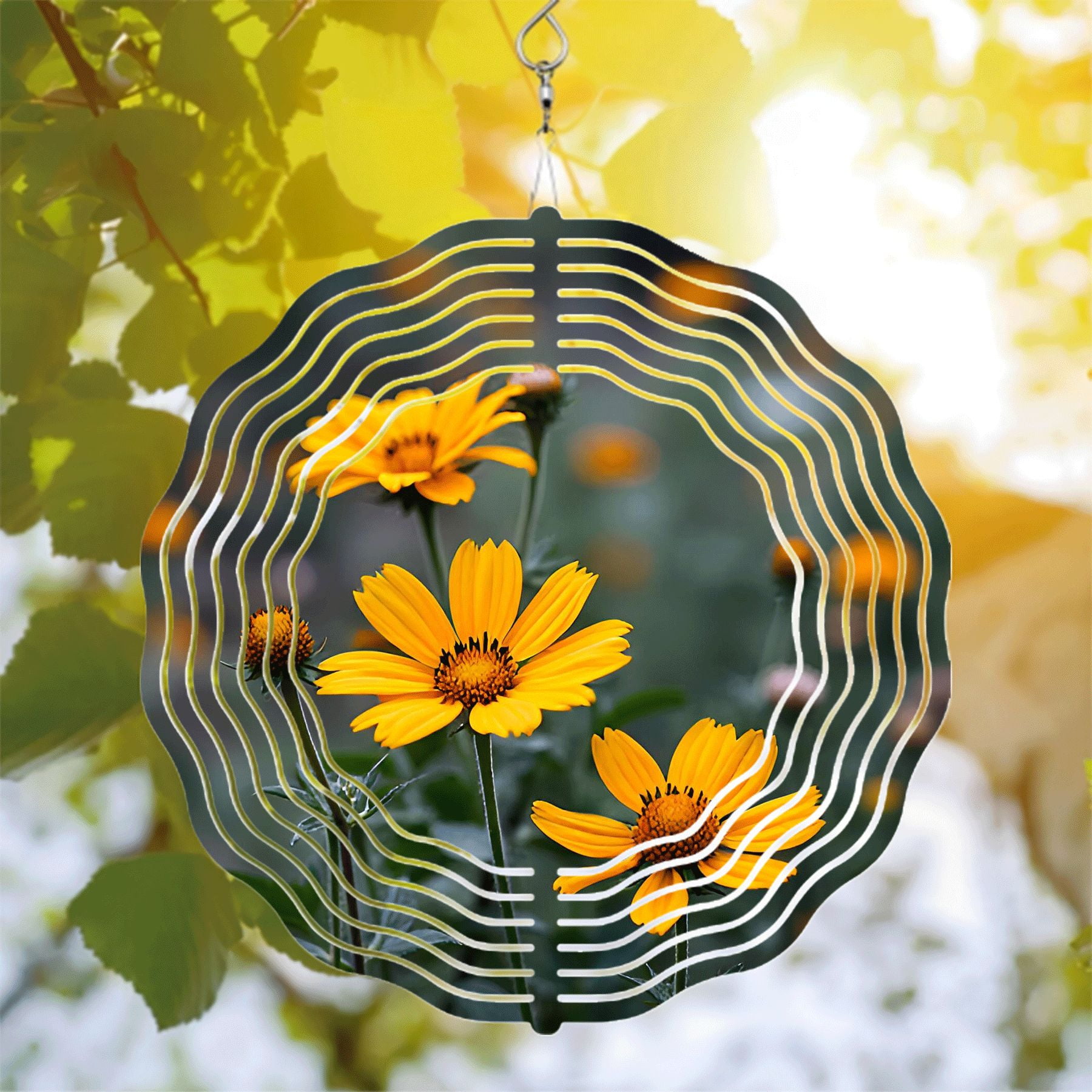 Vibrant Yellow Flower Metal Wind Spinner with Dark Centers & Concentric ...