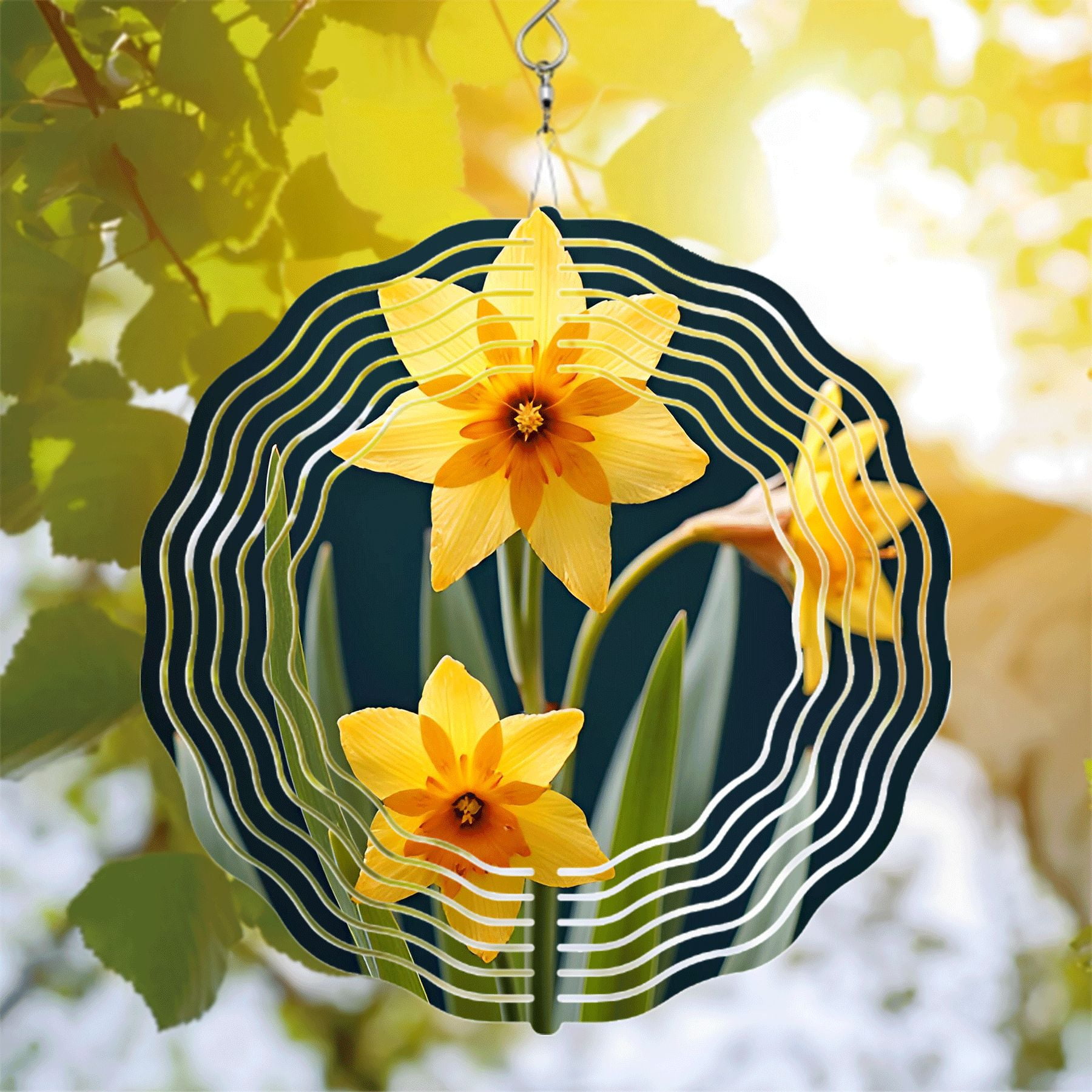 Vibrant Yellow Flower Metal Wind Spinner with Orange Centers & White ...