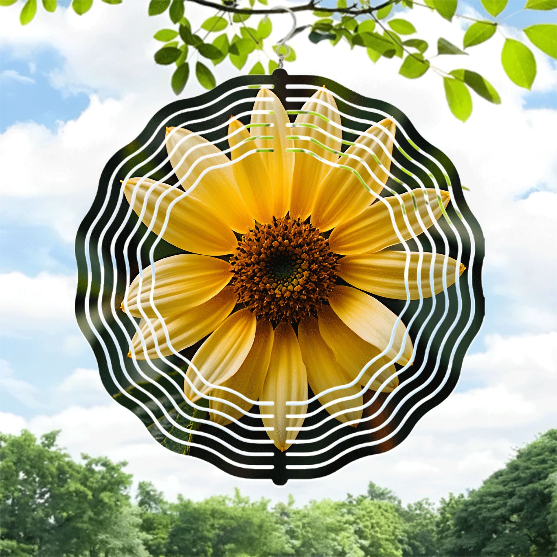 Vibrant Yellow Flower Metal Wind Spinner with Spiky Center & Circular ...