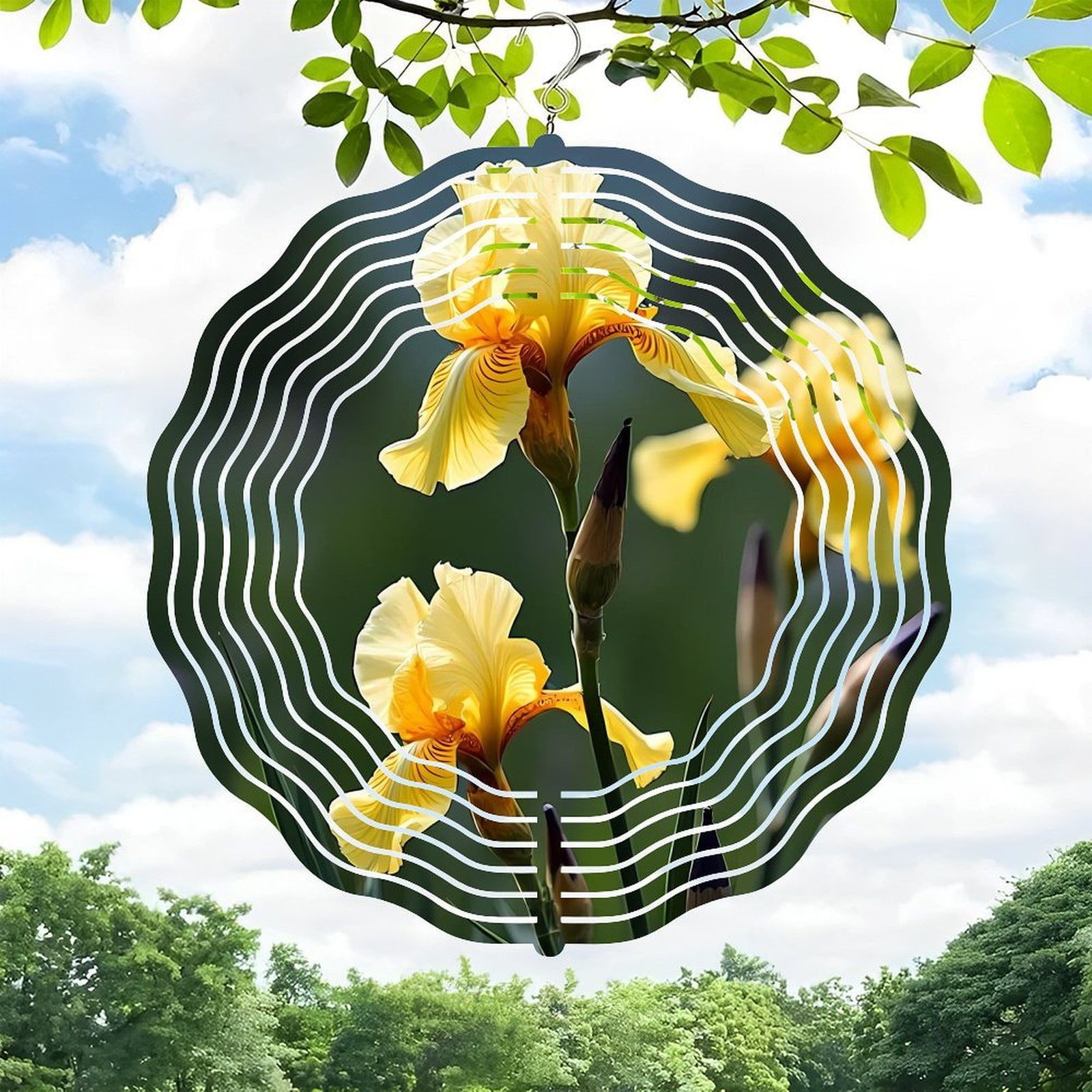 Vibrant Yellow Iris Metal Hanging Wind Spinner with Concentric Line ...