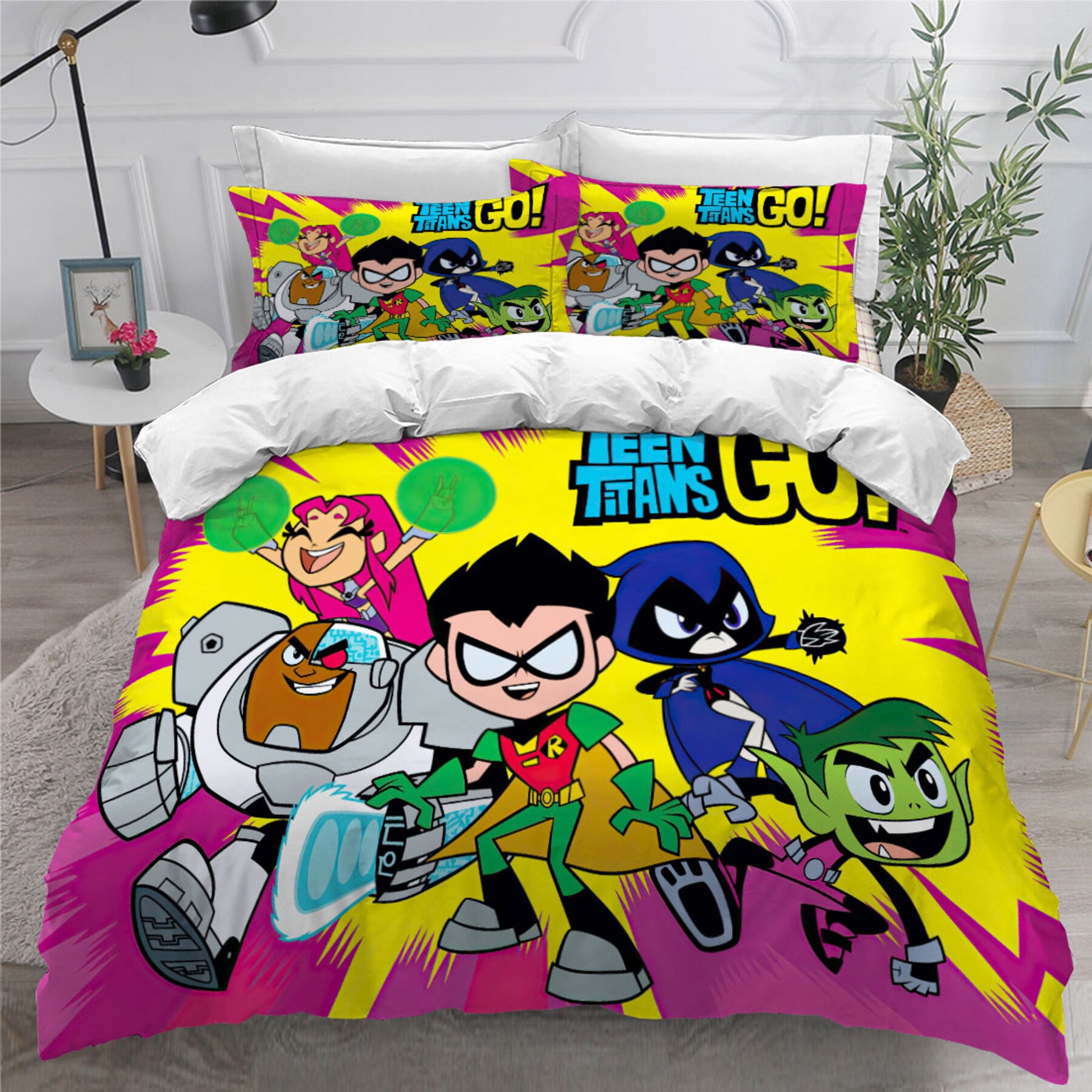 Vibrant Yellow & Magenta Duvet Cover Set with Pillowcases - Action Poses of Starfire Beast Boy ...