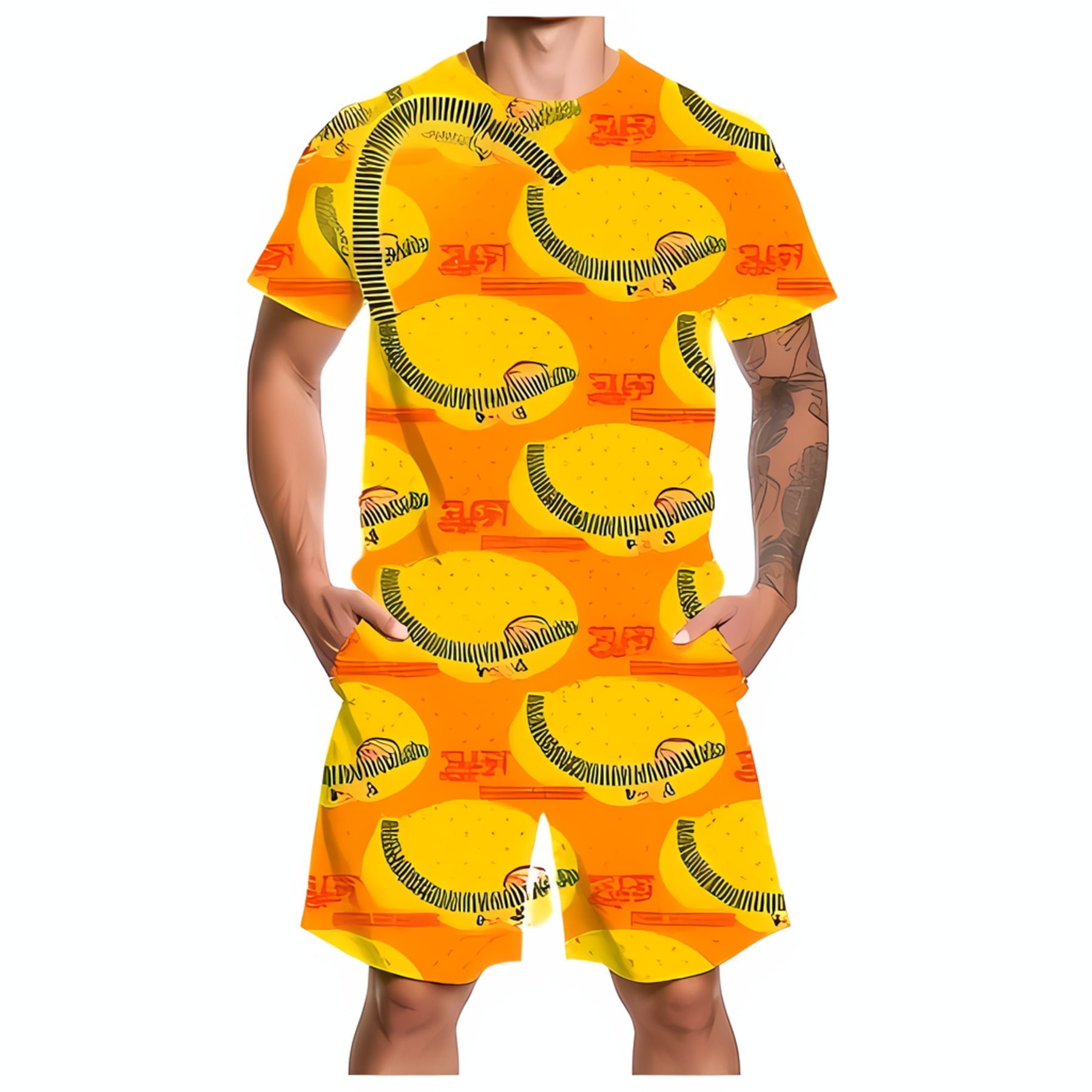 Vibrant Yellow & Orange T-Shirt and Shorts Set with Bold Circular ...
